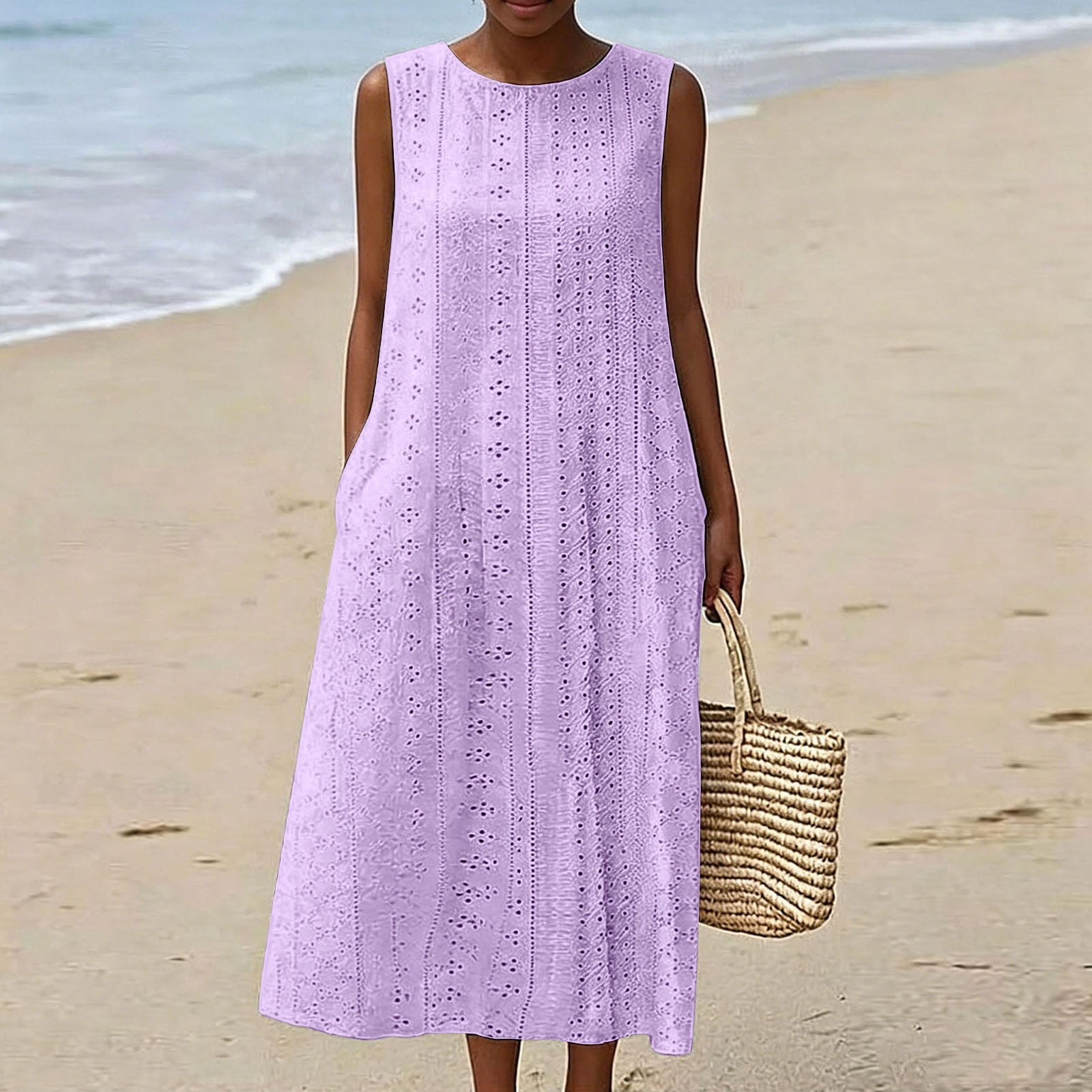 ClodeEU Women's Crew Neck Sleeveless Eyelet Embroidery Midi Dress ...