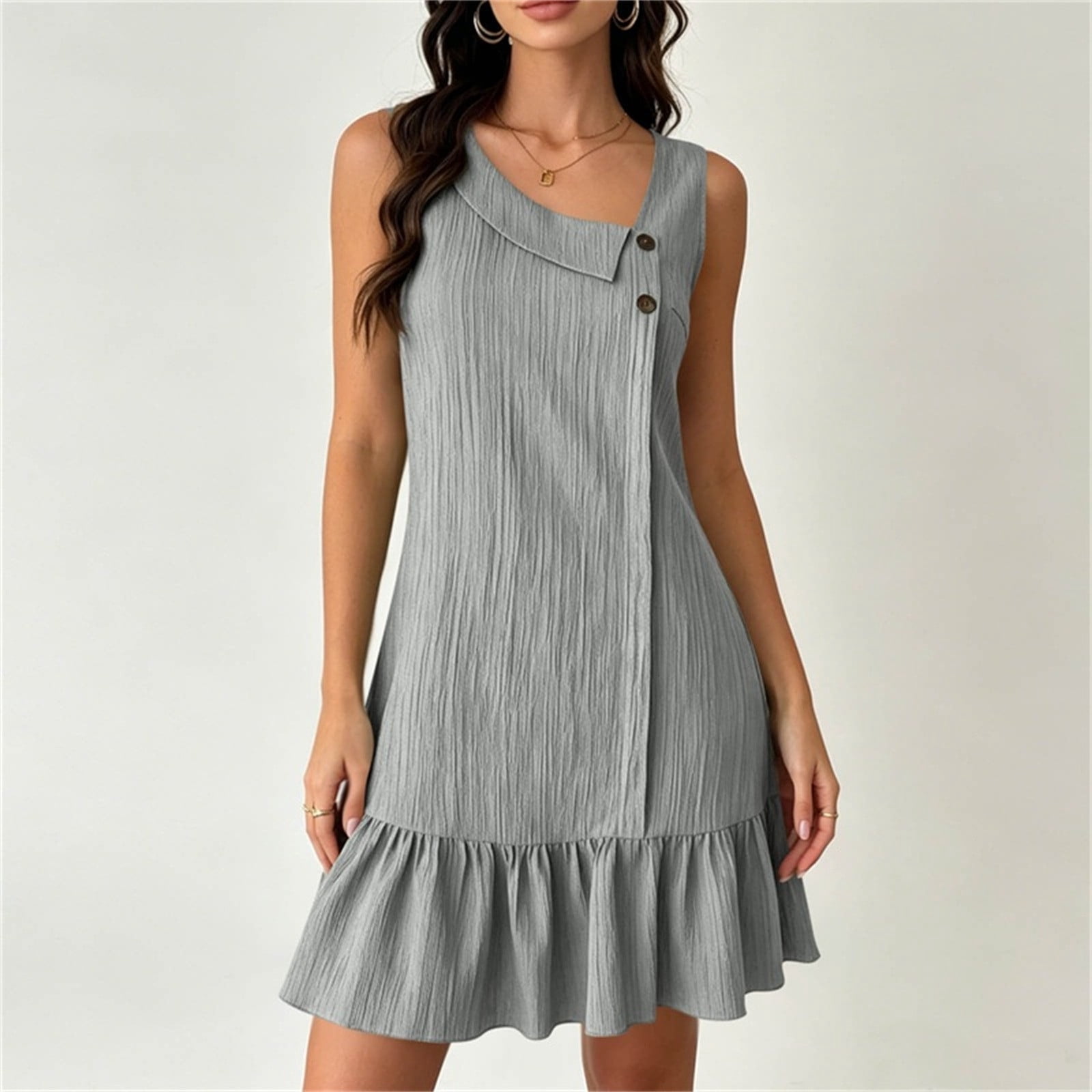 ClodeEU Women's Crew Neck Sleeveless Side Button Ruffle Hem Mini Dress ...