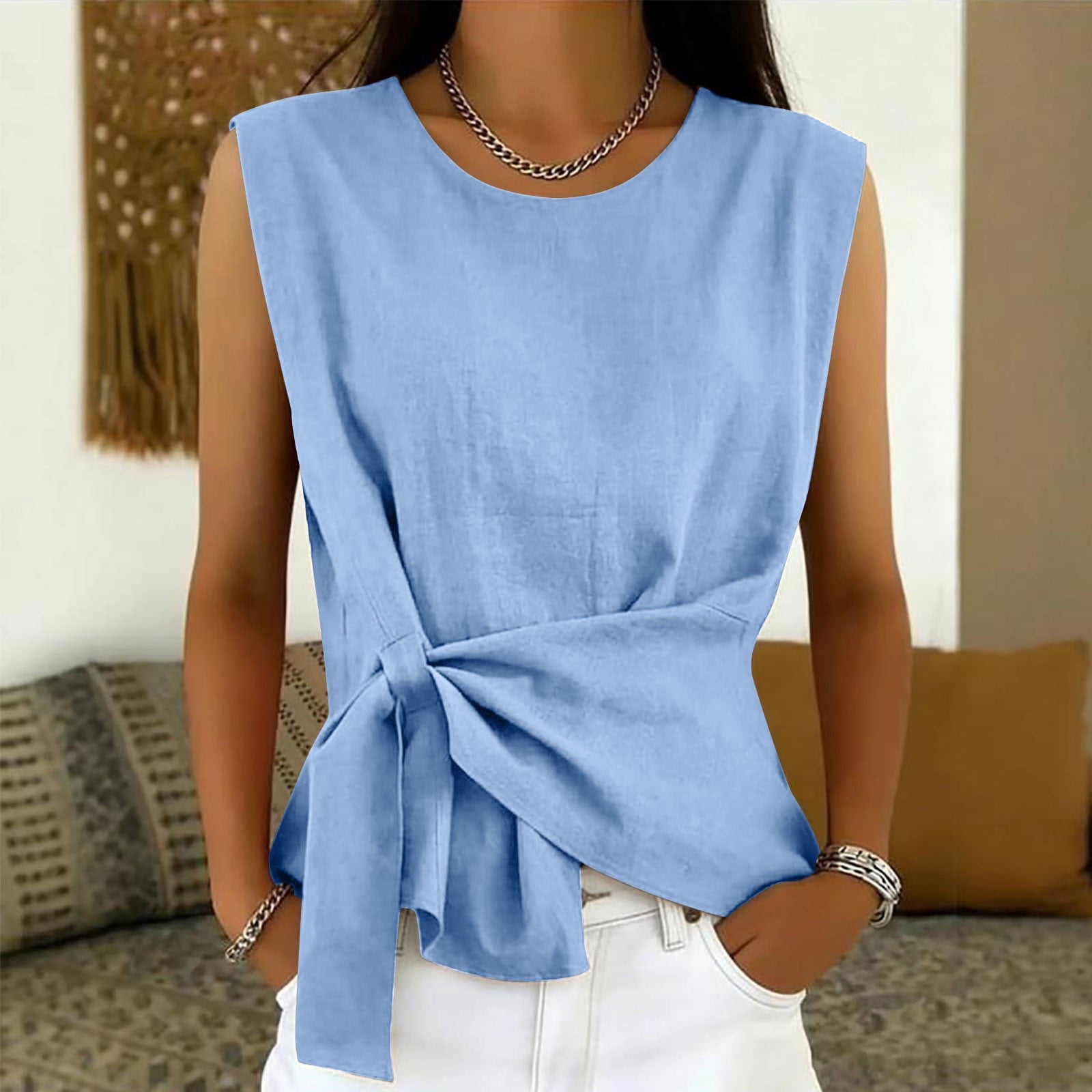 ClodeEU Women's Crew Neck Sleeveless Side Tie Waist Tank Top,Solid ...