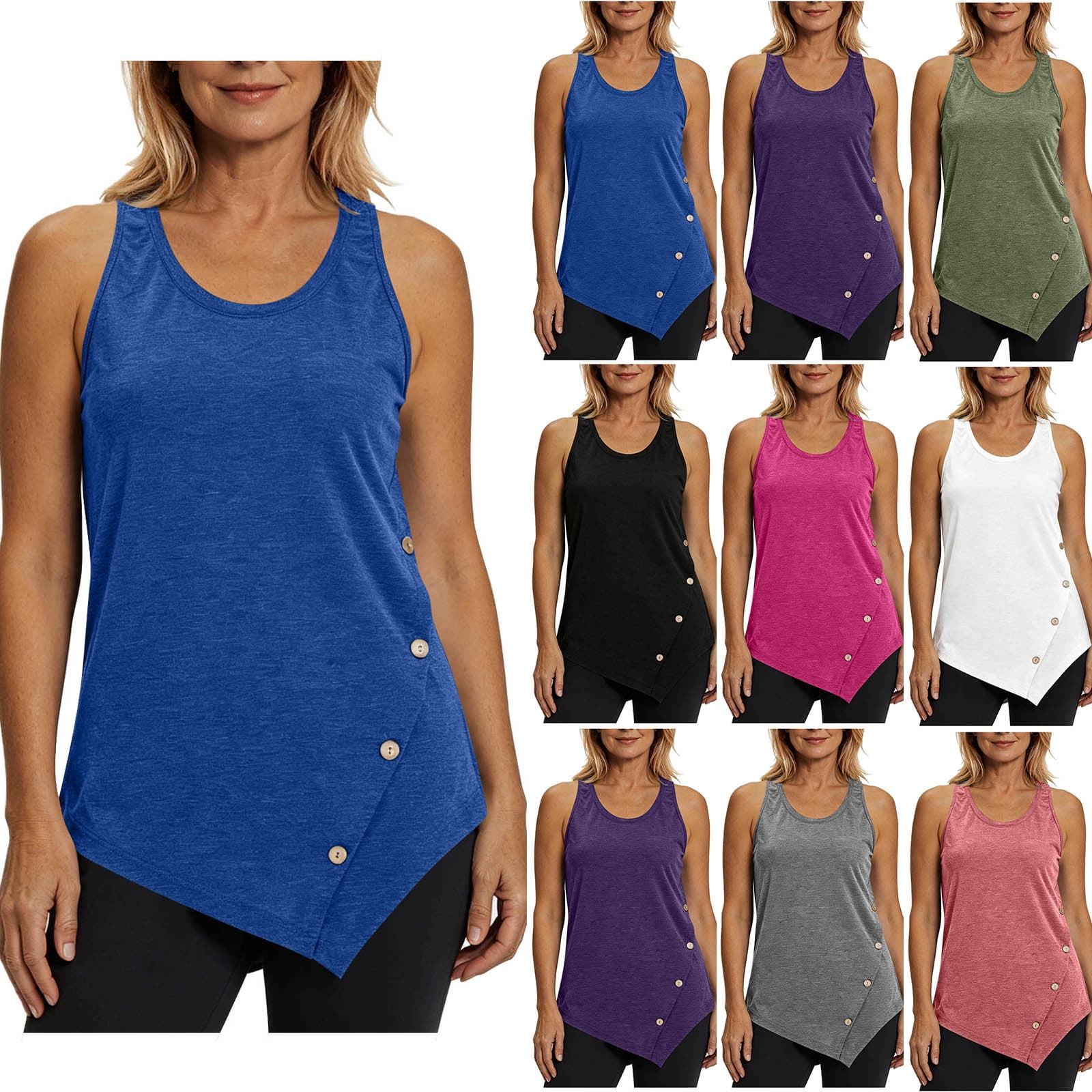 ClodeEU Women's Crew Neck Sleeveless Tank Top, Asymmetrical Hem Button ...