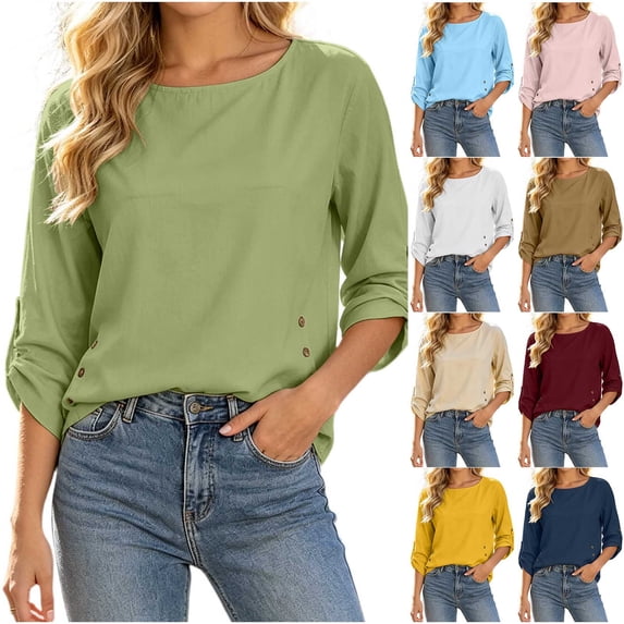 ClodeEU Women's Crewneck 3/4 Sleeve Top with Adjustable Button Cuffs ...