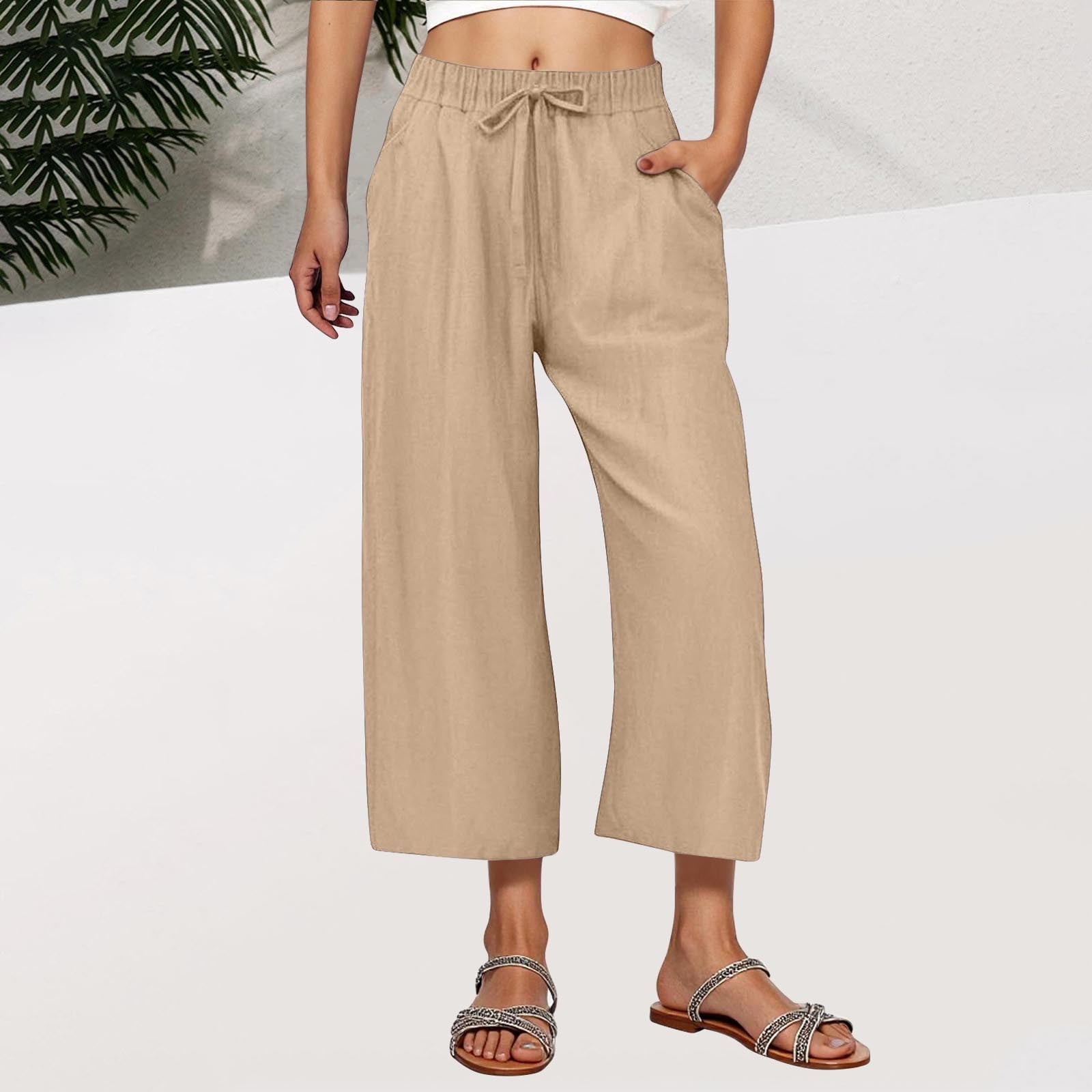 ClodeEU Women's Cropped Pants, Elastic Waistband, Straight Casual Pants ...