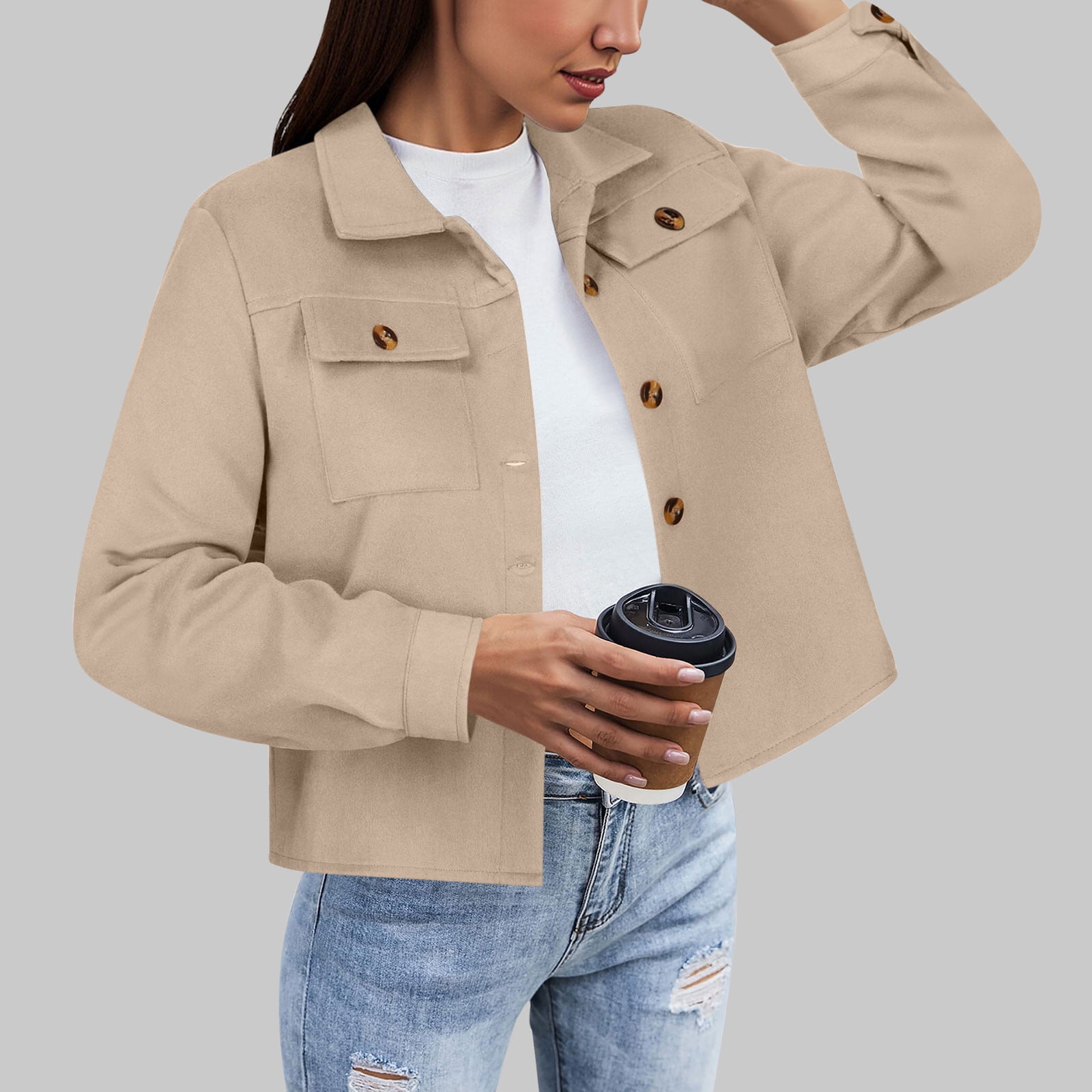 ClodeEU Women's Cropped Wool Blend Jacket,Long Sleeve Button Down Fall ...