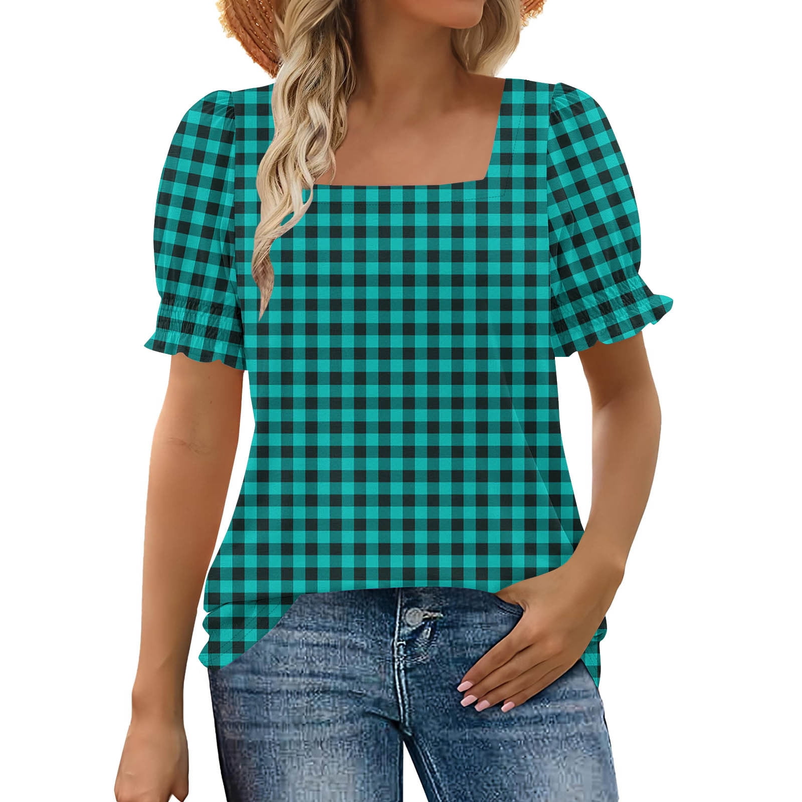 ClodeEU Women's Cute Check Print Square Neck Ruffle Short Sleeve Top ...