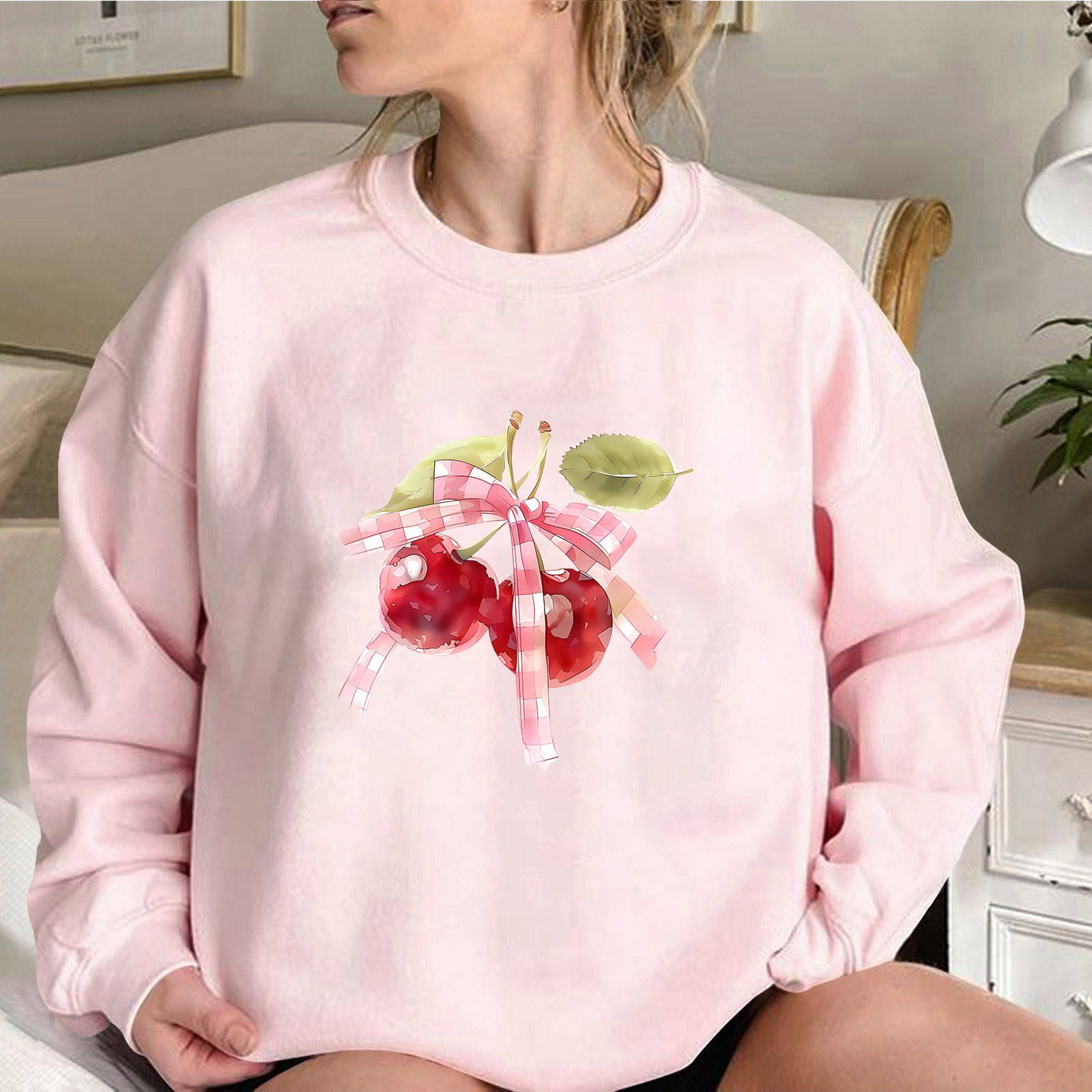 ClodeEU Women's Cute Cherry and Bow Print Round Neck Sweatshirt ...