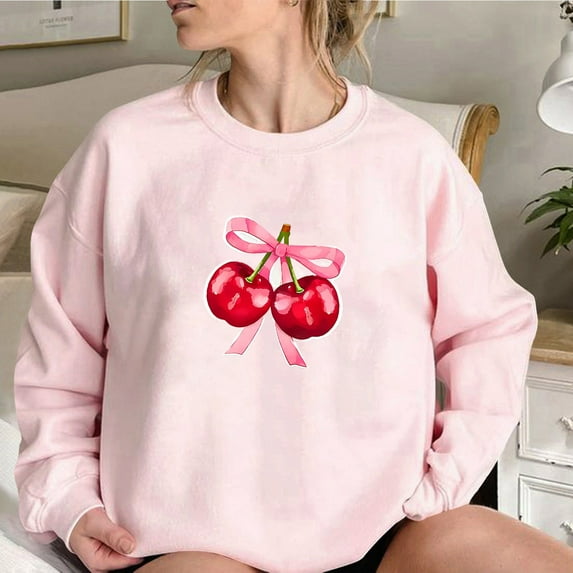 ClodeEU Women's Cute Cherry and Bow Print Round Neck Sweatshirt ...