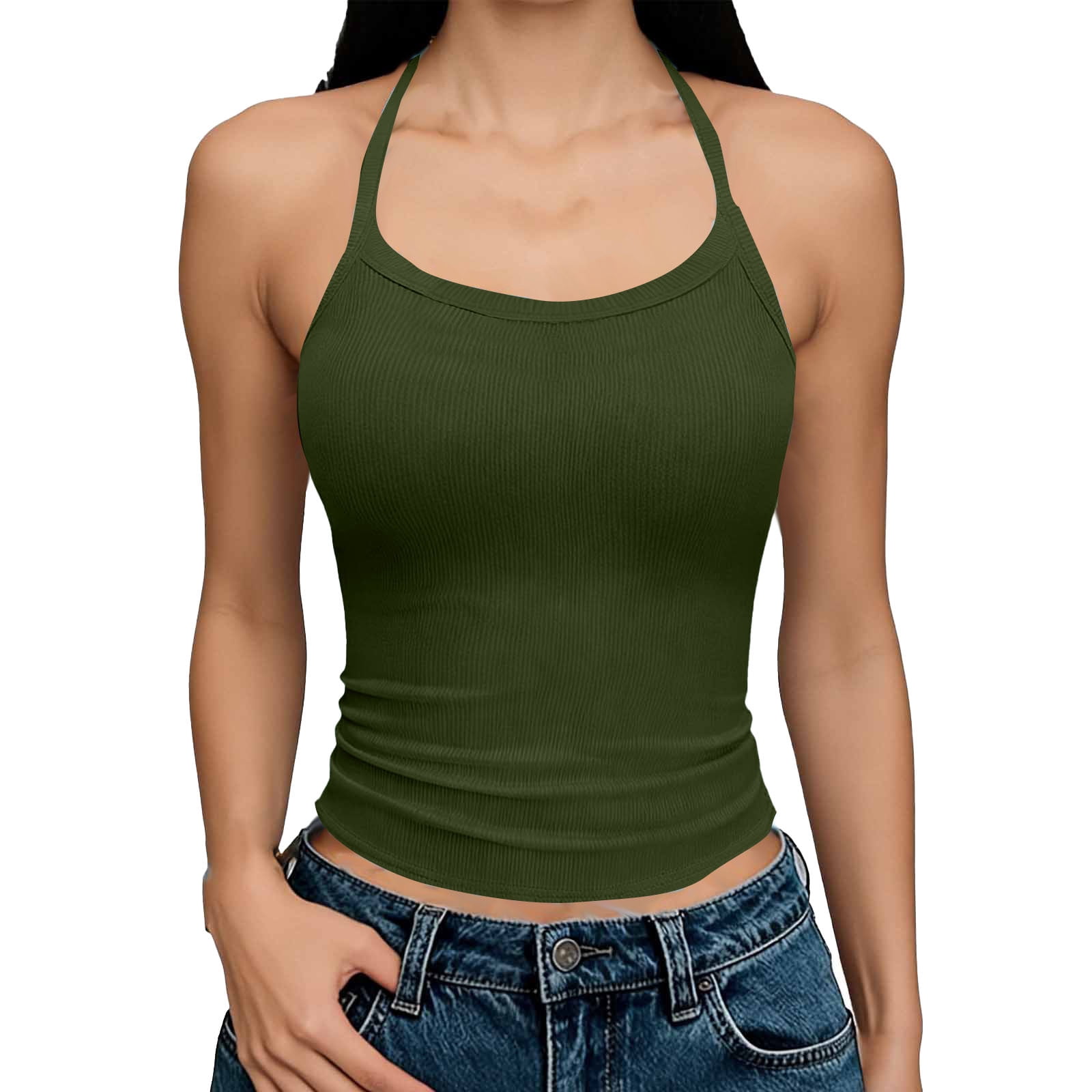 ClodeEU Women's Cute Ribbed Knit Halter Neck Tank,Backless Sleeveless ...