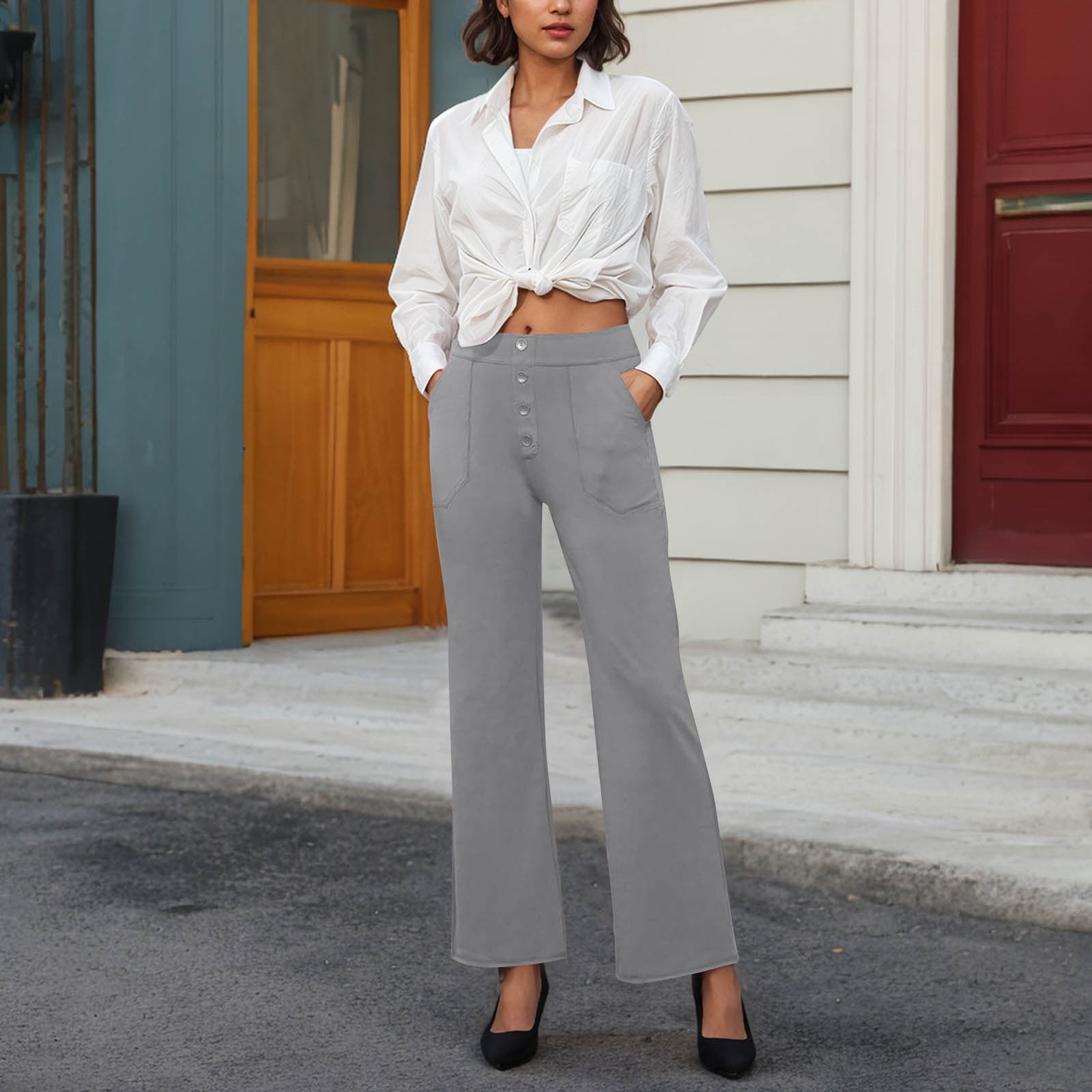 ClodeEU Women's Elastic High Waist Straight Leg Pants, Stretch Straight ...