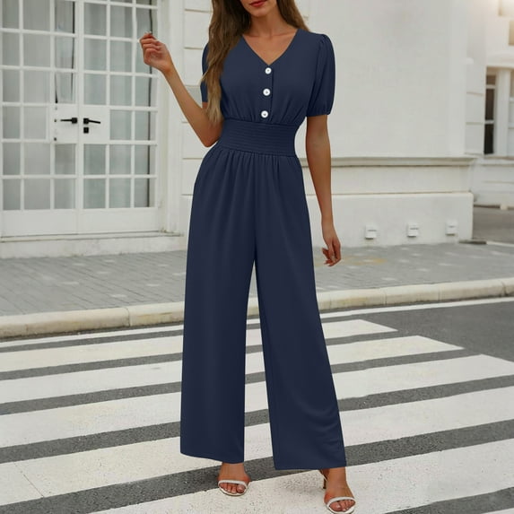 ClodeEU Women's Elegant V Neck Tunic Jumpsuits,Casual Short Sleeve Wide ...