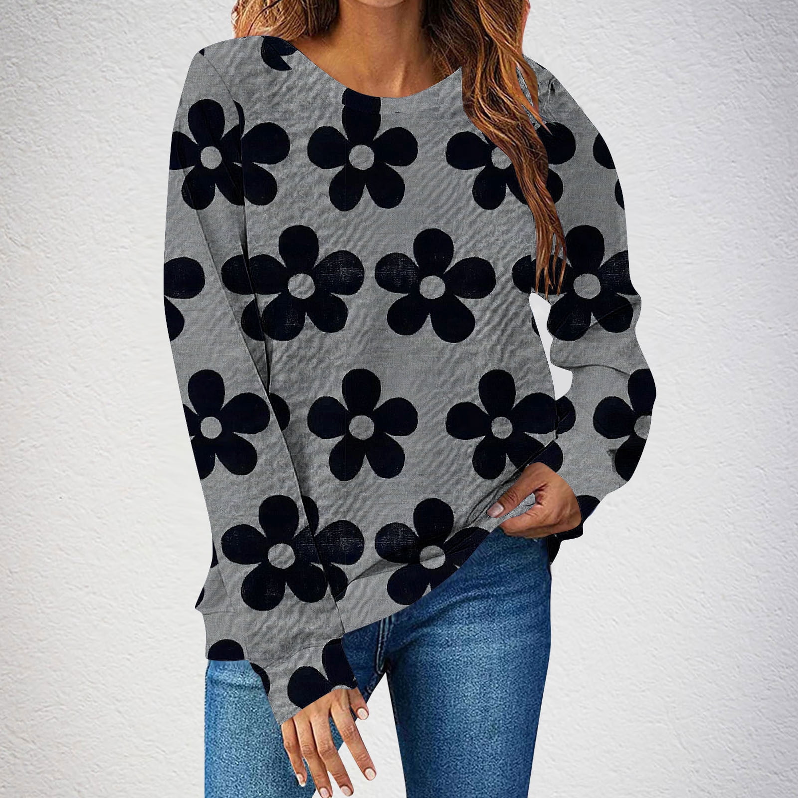 ClodeEU Women's Floral Print Long Sleeve Sweatshirts ,Casual Crew Neck ...