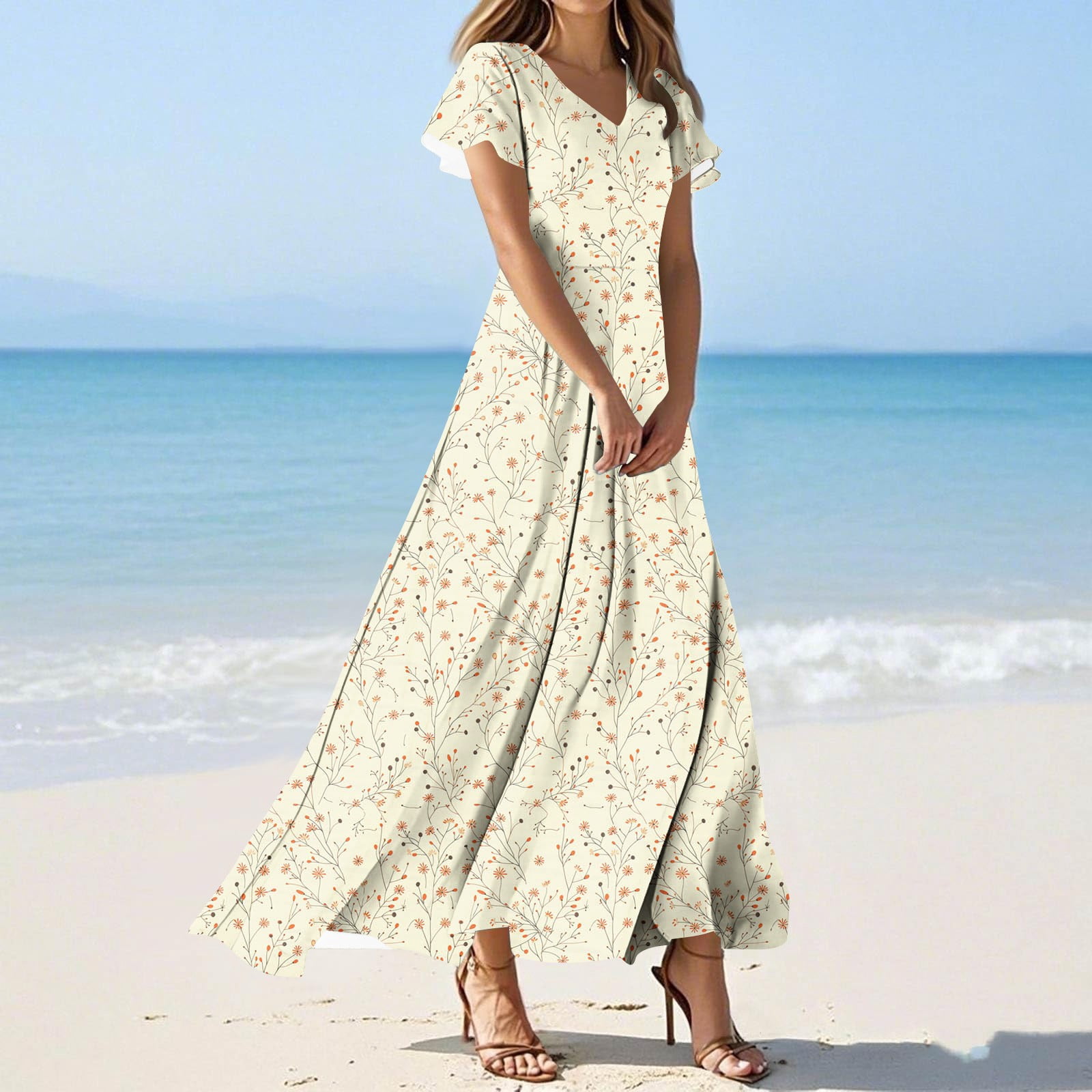 ClodeEU Women's Floral Print Maxi Dress,Short Sleeve V Neck Flowy A ...