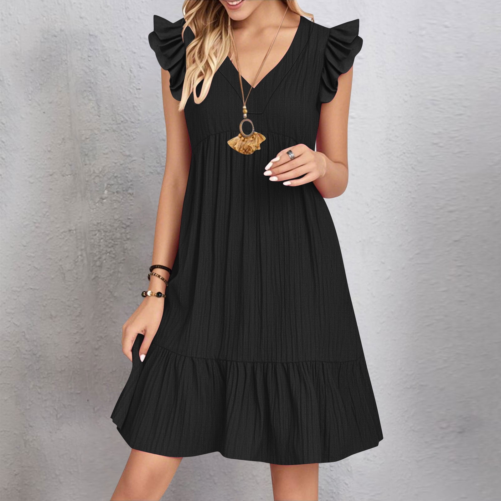 ClodeEU Women's Flowy Cute Ruffle Cap Sleeve V Neck Babydoll Dresses ...