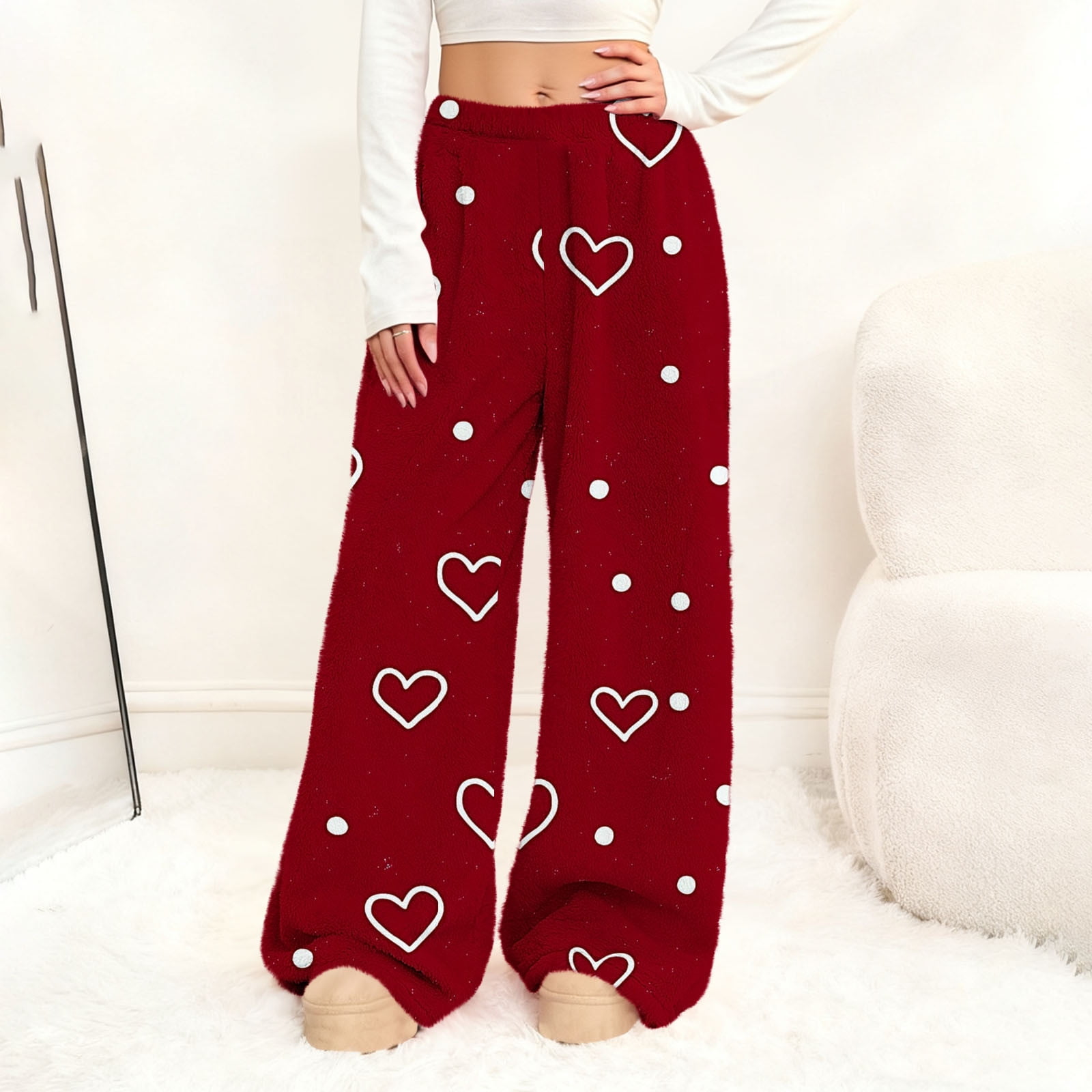 ClodeEU Women's Fuzzy Plush Pants With Heart Print,Elastic Waist Wide ...