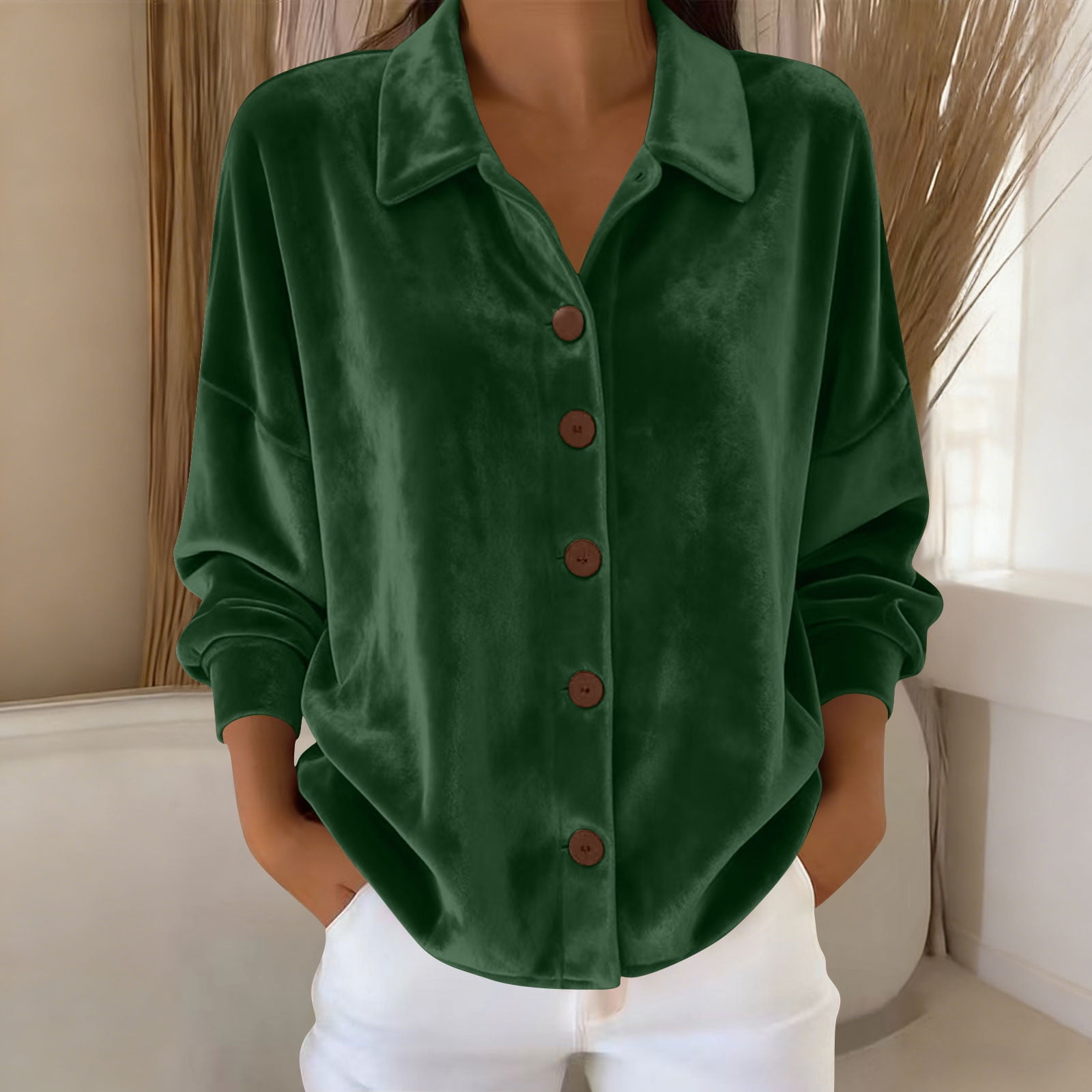 ClodeEU Women's Gold Velvet Long-Sleeved Shirt,Lapel Cardigan Solid ...