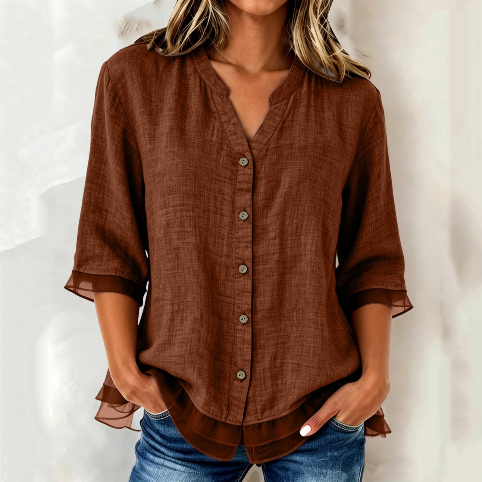 ClodeEU Women's Henley V Neck Chiffon Ruffle Trim 3/4 Sleeve Button ...