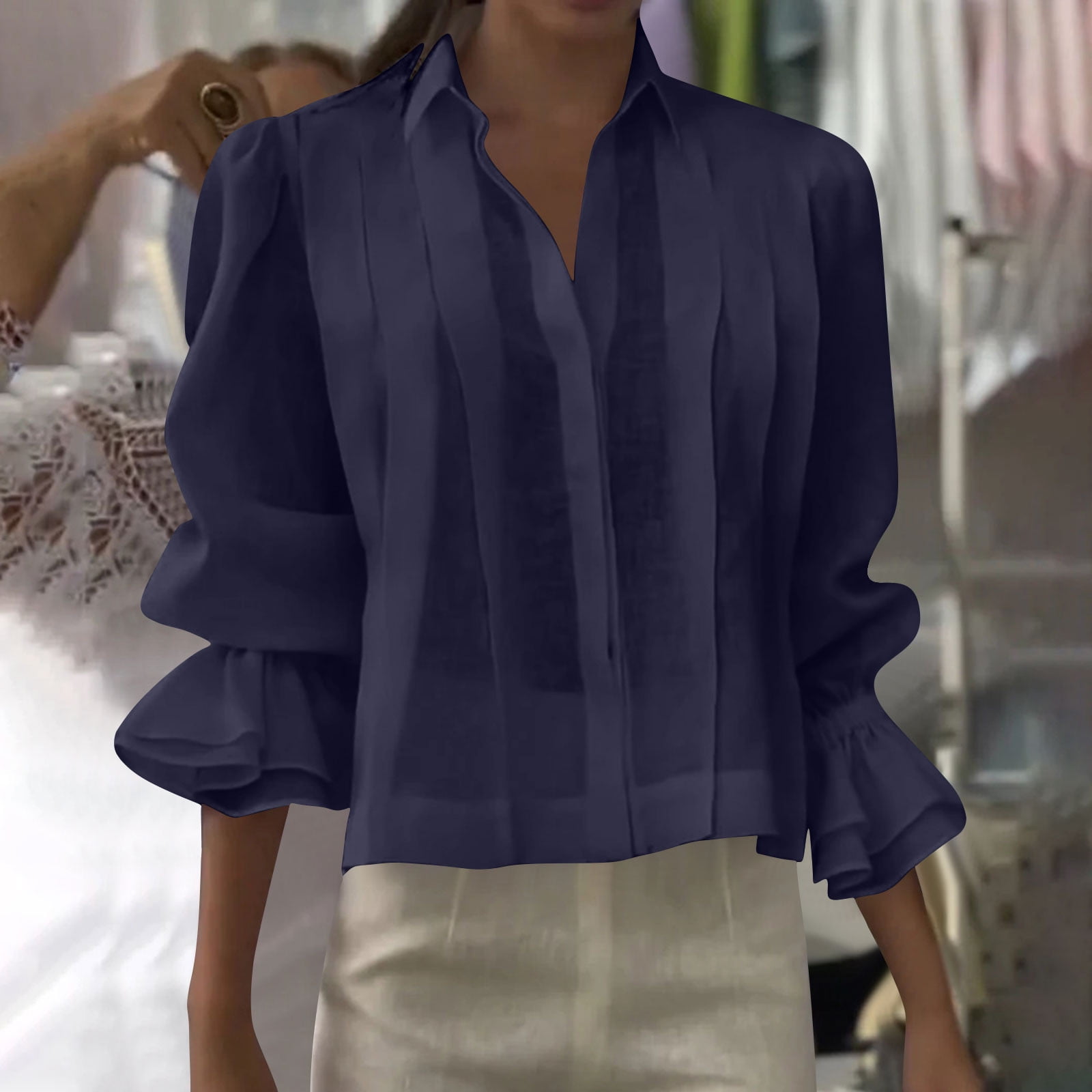 ClodeEU Women's Hidden Button Shirt with Pleated Detail,Loose Fit ...
