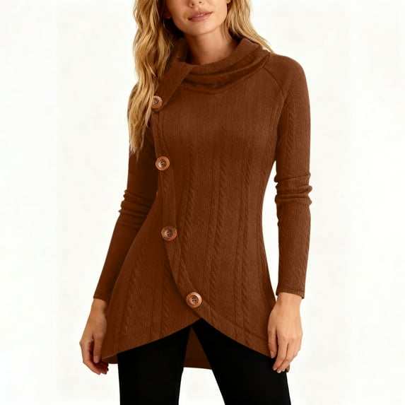 ClodeEU Women's High Neck Long Sleeve Sweaters,Irregular Hem Button ...