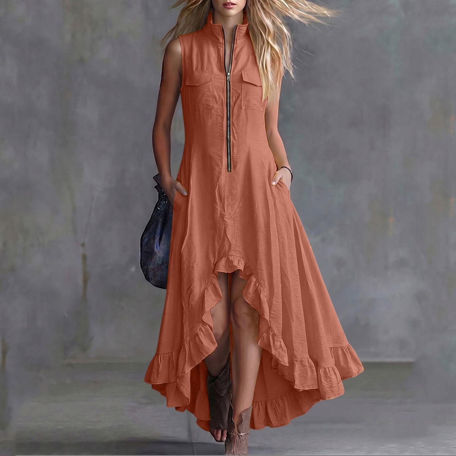 ClodeEU Women's High Neck Sleeveless Zip Front Maxi Dress with Ruff Hem ...