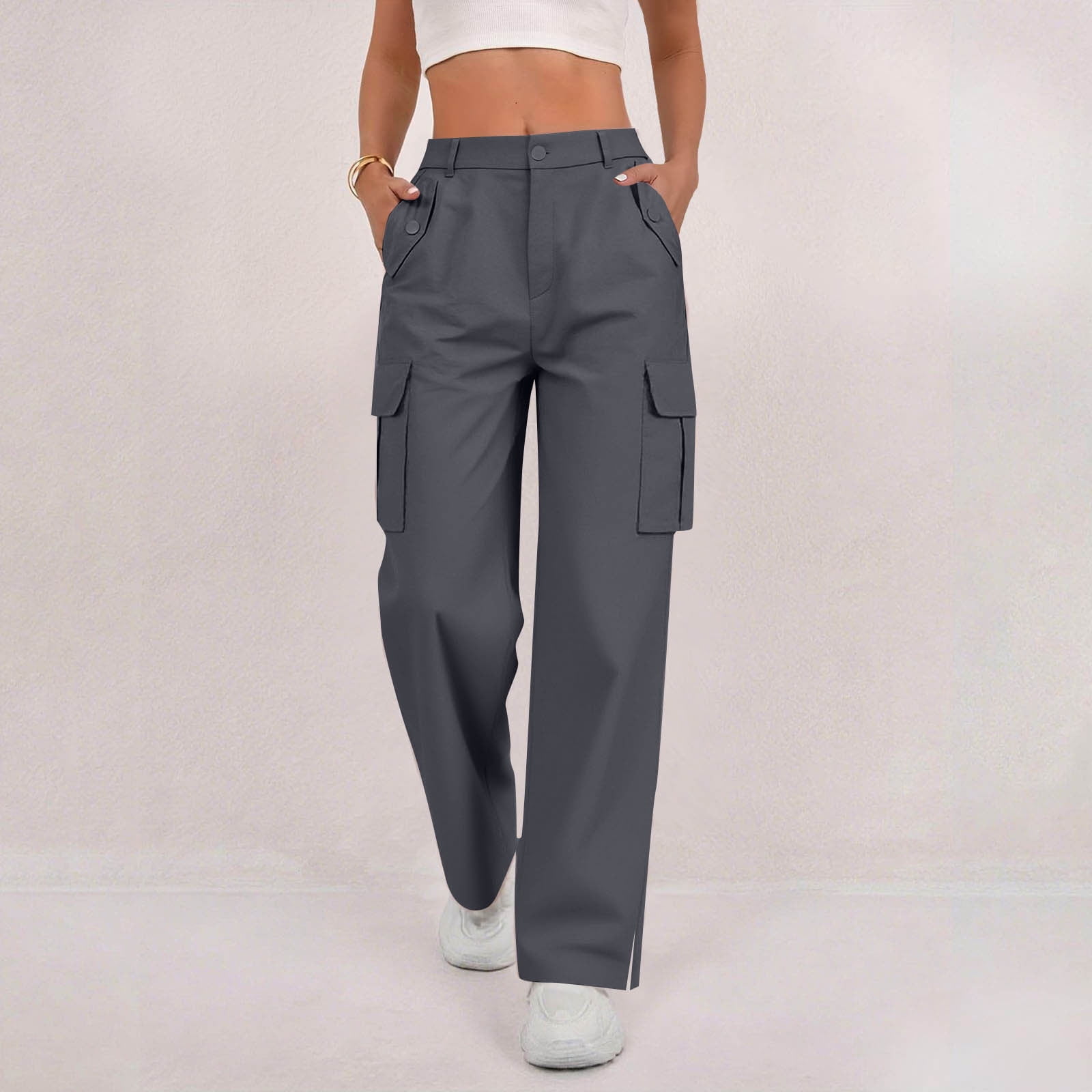 ClodeEU Women's High-Rise Cargo Pants,Elastic Waist Button,Relaxed-Fit ...