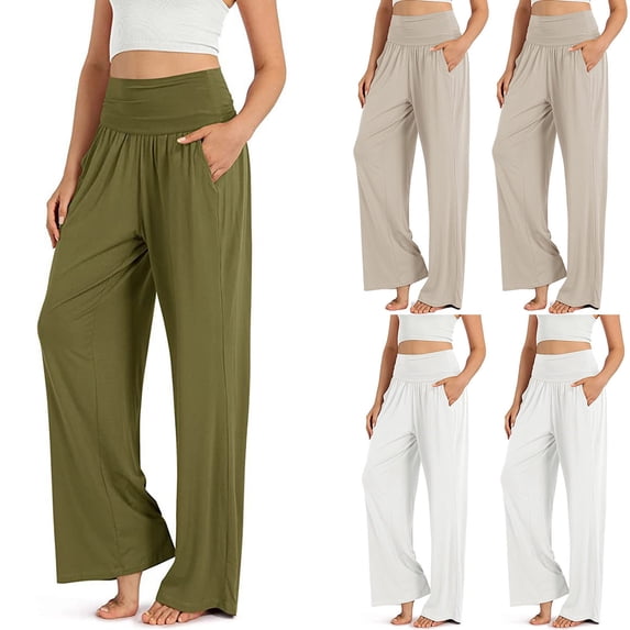 ClodeEU Women's High Rise Elastic Waist Wide Leg Pants with Pockets ...