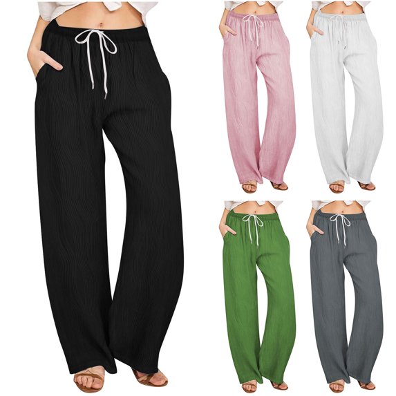 ClodeEU Women's High Rise Textured Pants with Drawstring Waist ,Stretch ...