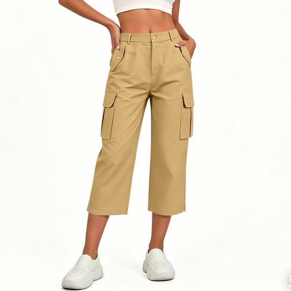 ClodeEU Women's High Waist Elastic Waist Cropped Cargo Pants,Casual ...