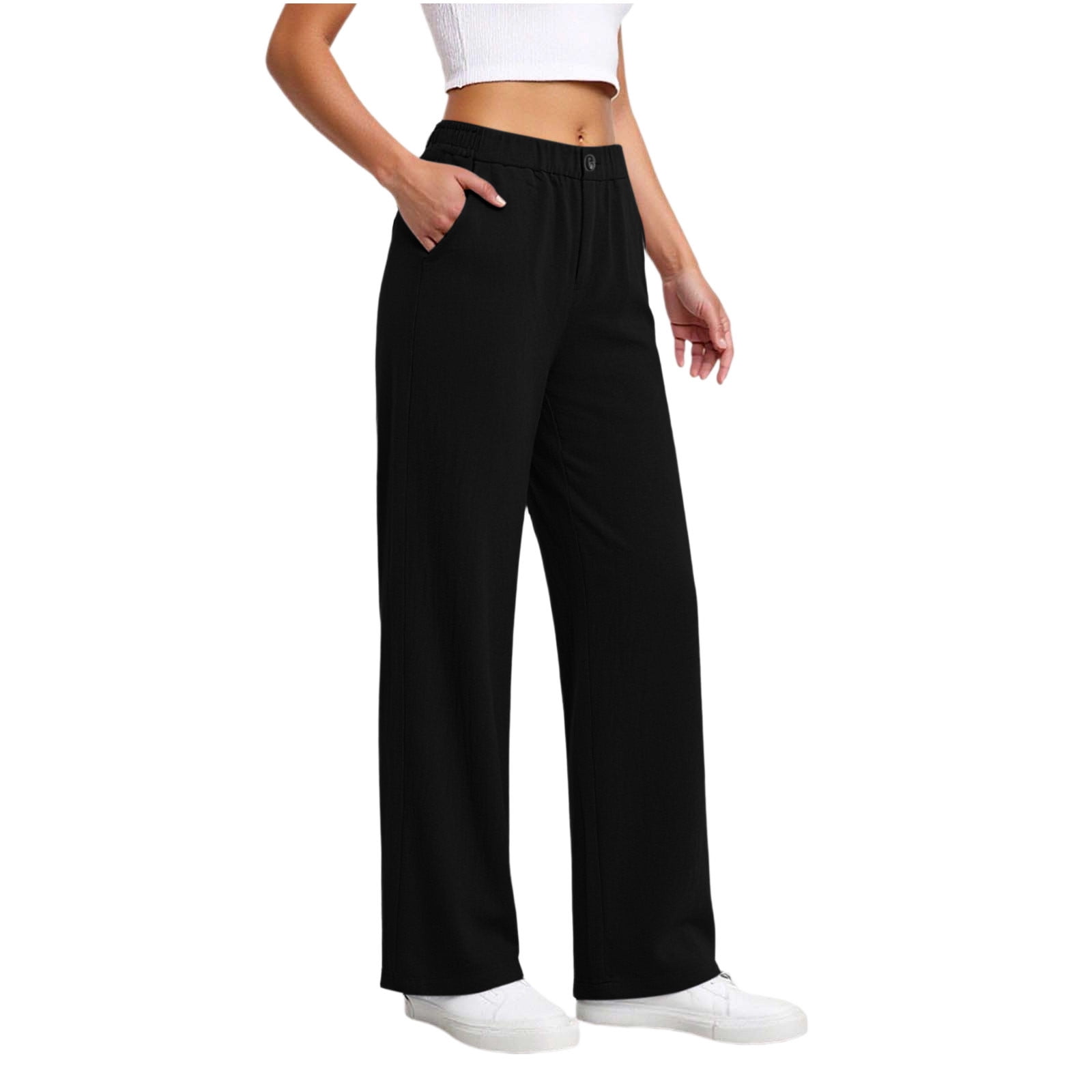 ClodeEU Women's High Waist Linen Blend Wide Leg Pants,Casual Elastic ...