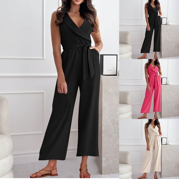 ClodeEU Women's High Waisted Jumpsuit with Tie Belt, Wide Leg Solid ...