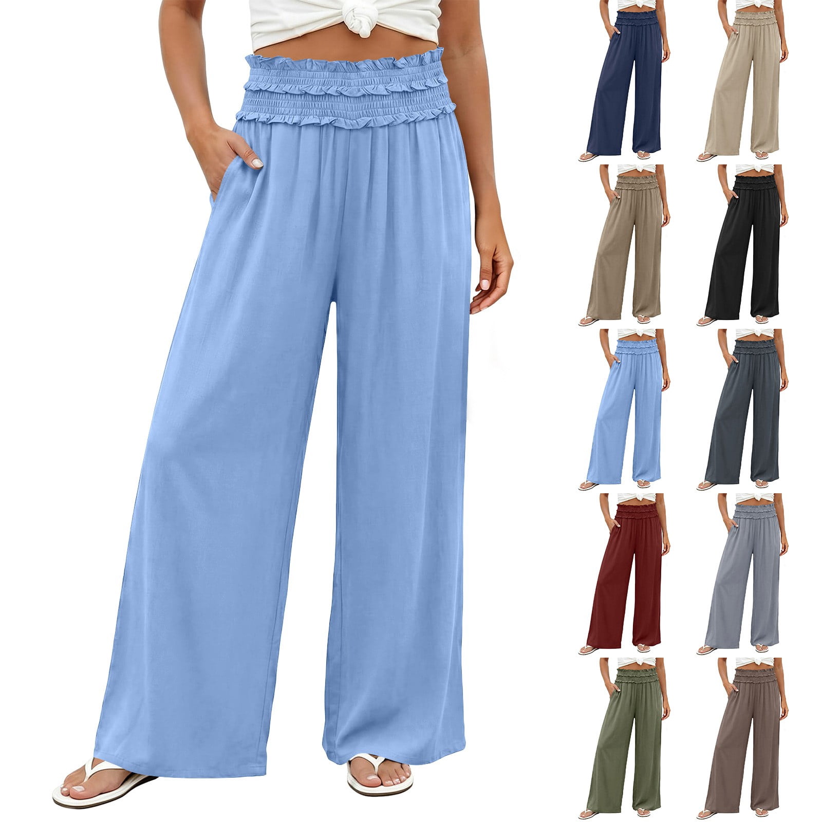 ClodeEU Women's High Waisted Smocked Waist Wide Leg Pants,Casual Flowy ...