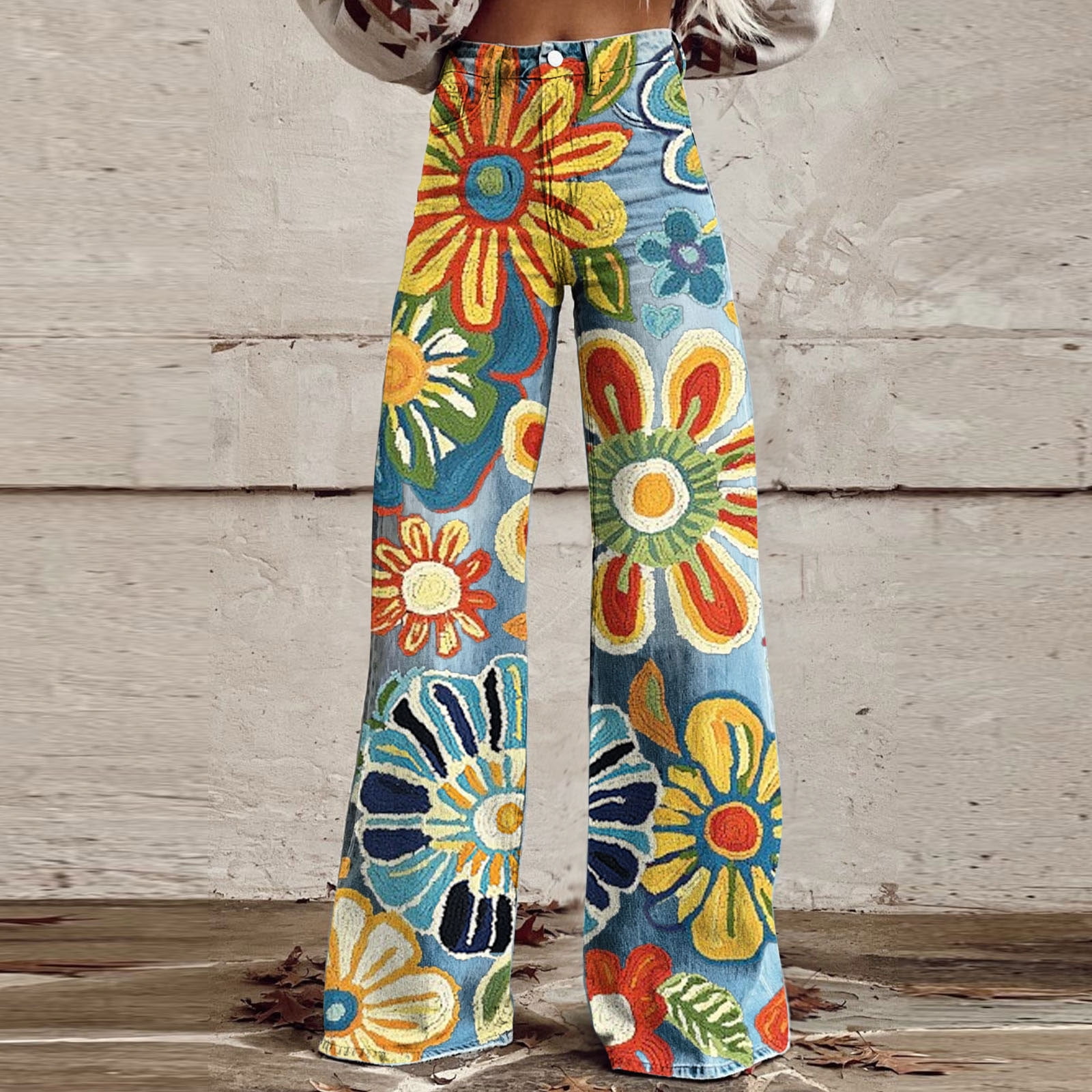 ClodeEU Women's High Waisted Wide Leg Jeans,Flower Printed Baggy Jeans ...