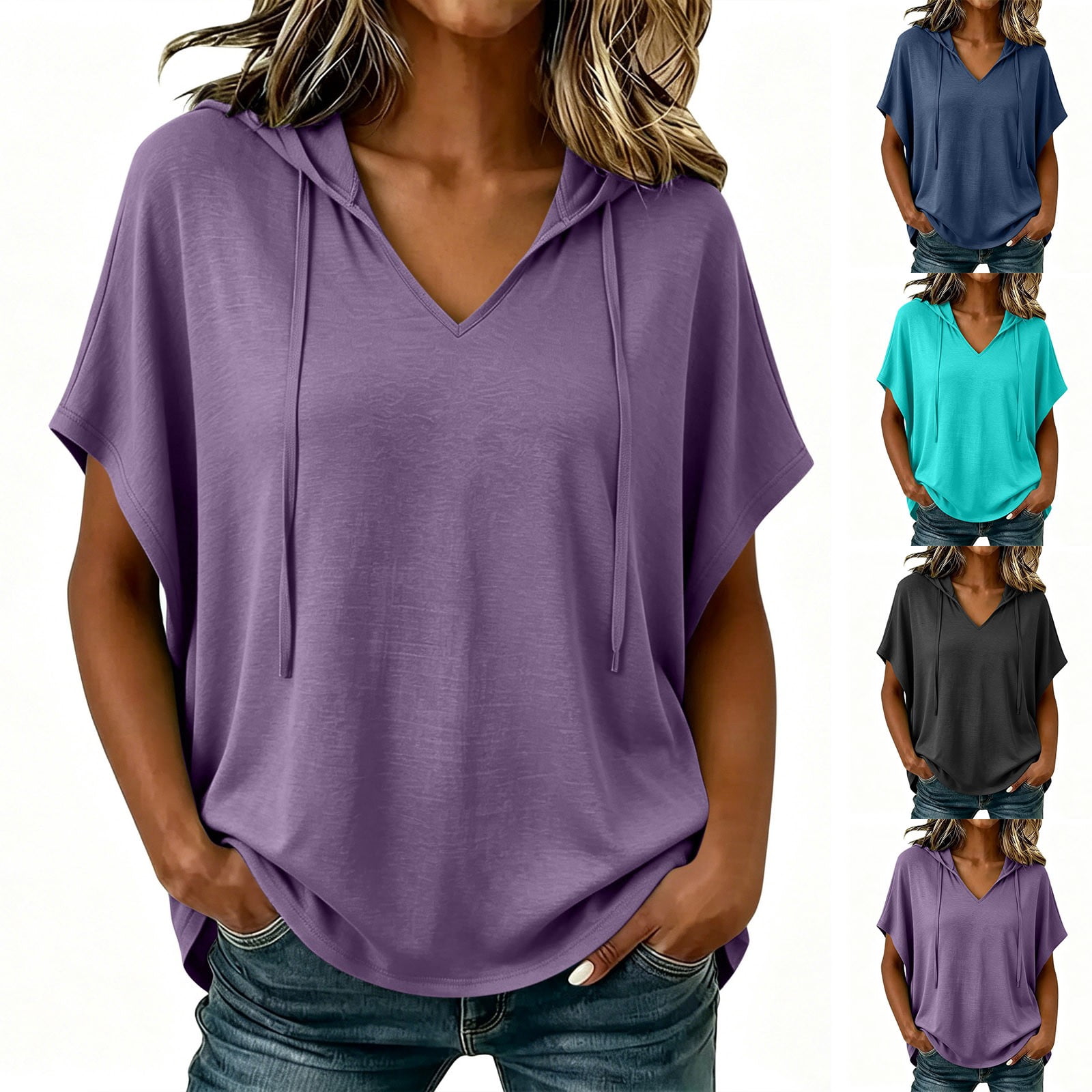 ClodeEU Women's Hooded V Neck 3/4 Sleeve T-Shirt with Drawstring, Solid ...