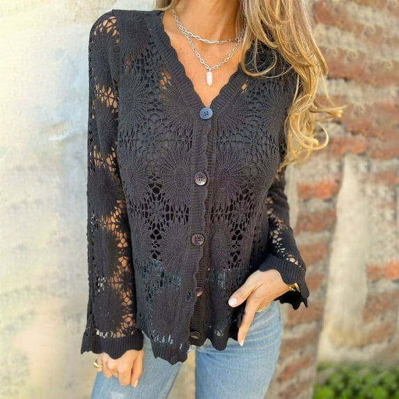 ClodeEU Women's Lace Sheer Hollow Out V Neck Shirts,Button Up Loose ...