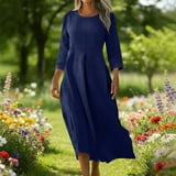 ClodeEU Women's Linen Blend 3/4 Sleeve Round Neck Midi Dress,Casual A ...