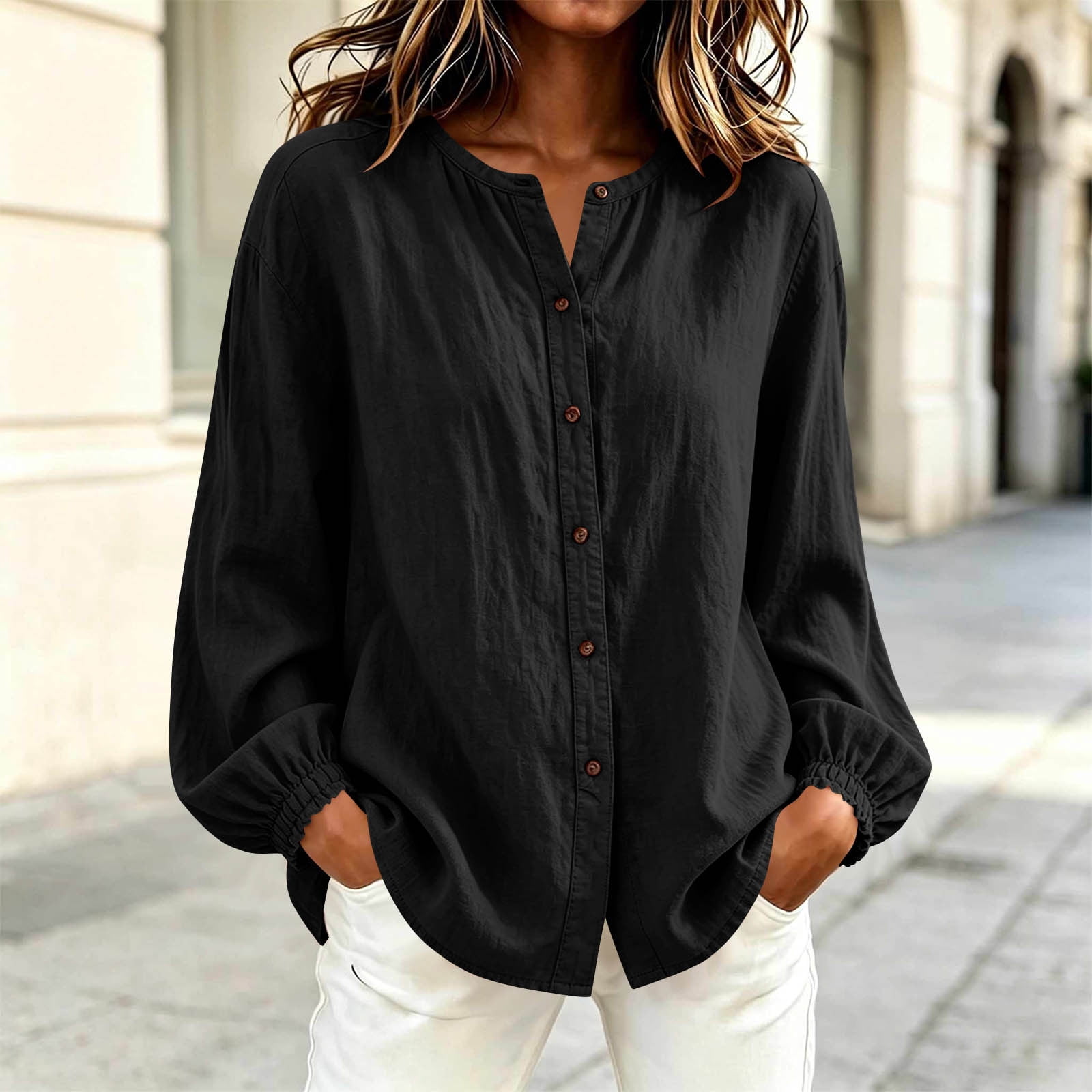 ClodeEU Women's Linen Blend Crewneck Long Sleeve Button Down Shirt with ...