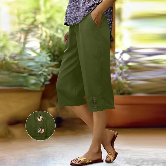 ClodeEU Women's Linen Blend Elastic Waist Button Straight Leg Capri ...