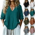 ClodeEU Women's Linen Blend V Neck 3/4 Sleeve Blouse,Casual Loose Fit ...