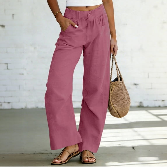 ClodeEU Women's Linen Elaist Waisted Wide Leg Pants, Casual Breathable ...