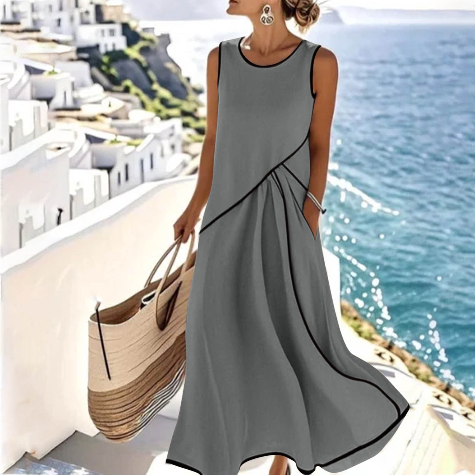 ClodeEU Women's Linen Sleeveless Crewneck Pleated Midi Dress with ...