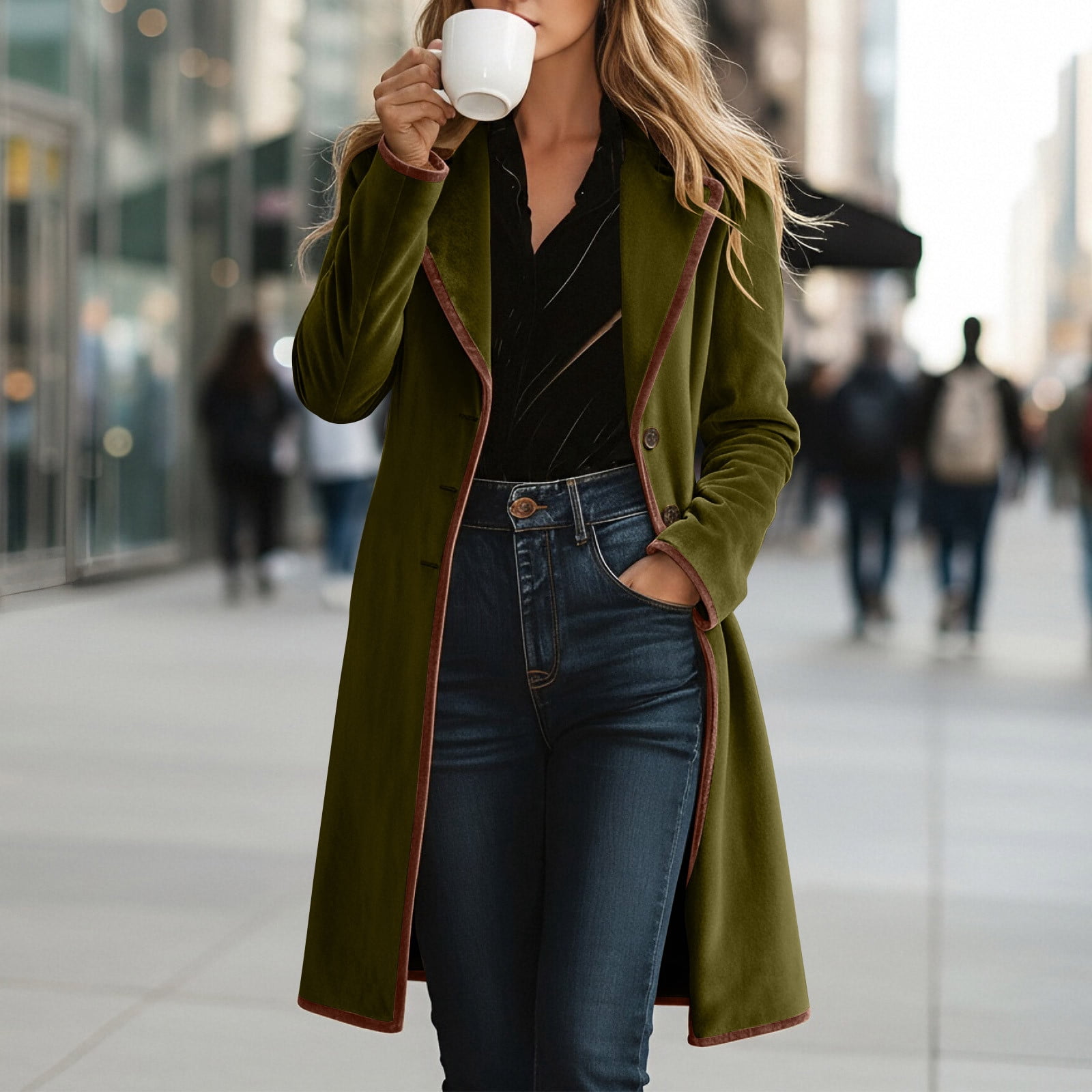 ClodeEU Women's Long Casual Retro Velvet Color Block Lapel Collar Coat ...