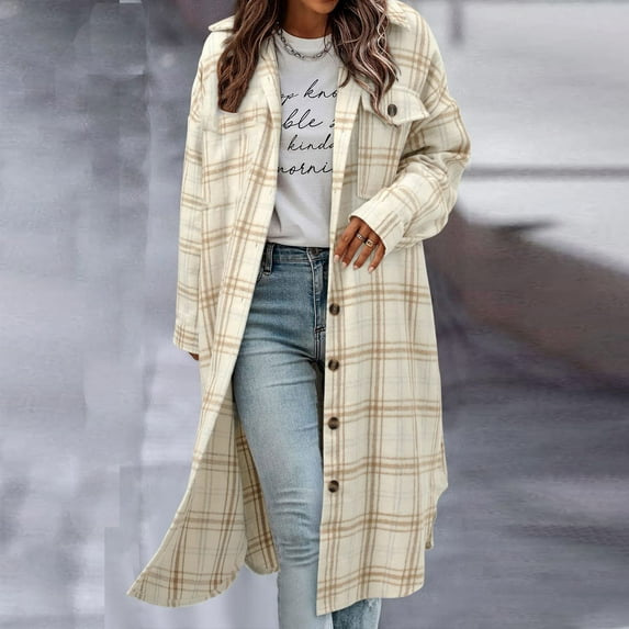 ClodeEU Women's Long Plaid Shacket Jacket ,Lapel Button Down Long ...
