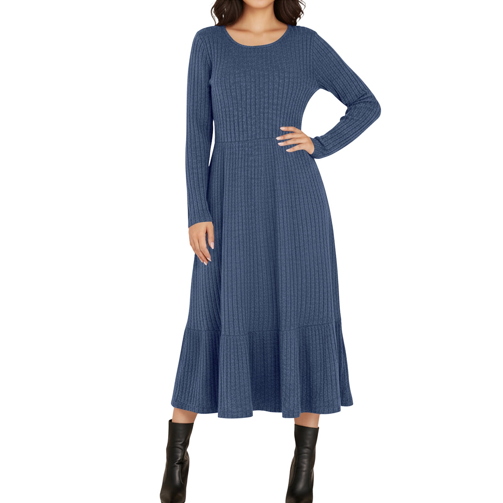 ClodeEU Women's Long Sleeve Grew Neck Maxi Dress, Elegant Ribbed Knit A ...