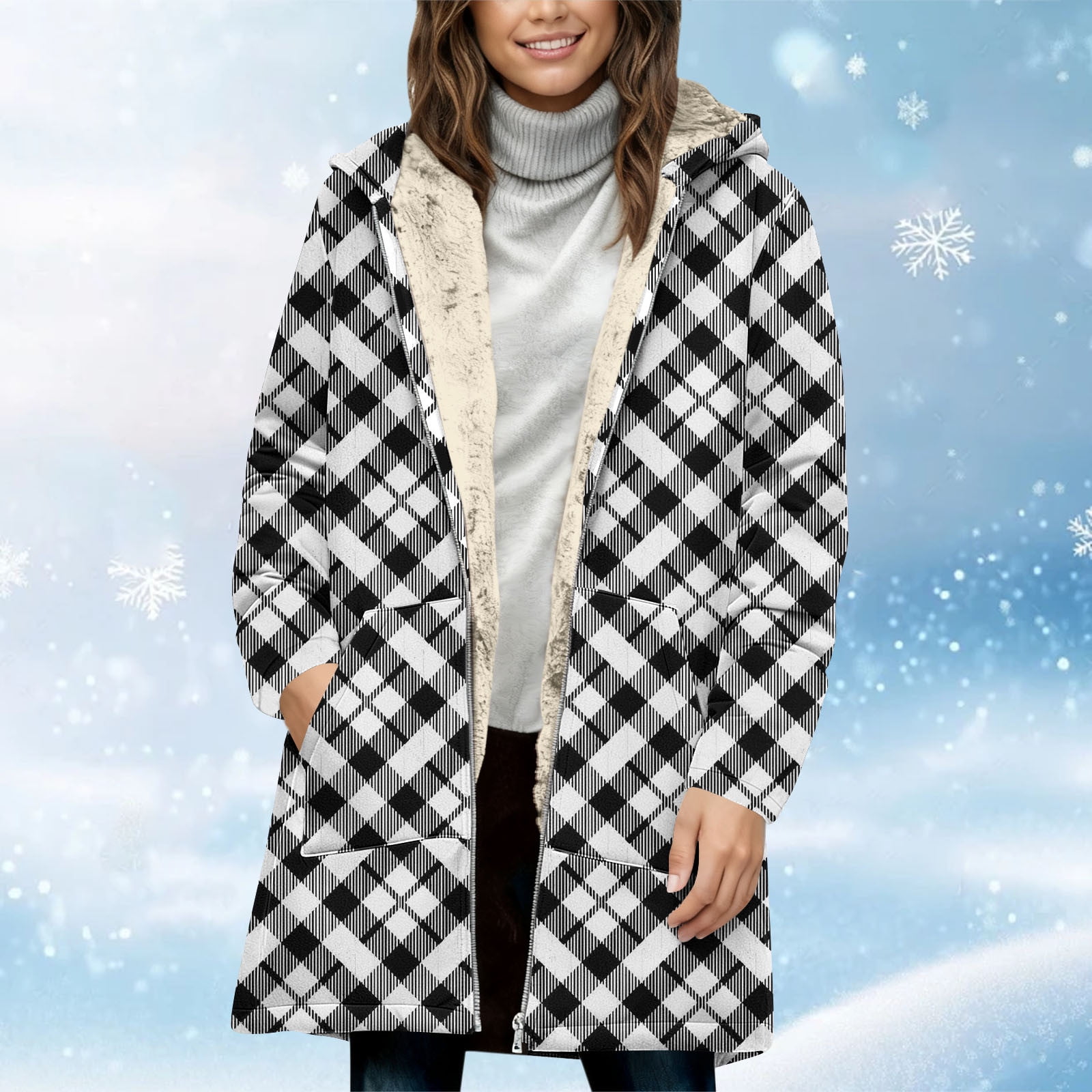 ClodeEU Women's Long Sleeve Hooded Plaid Print Jacket,Zip Fleece Lined ...