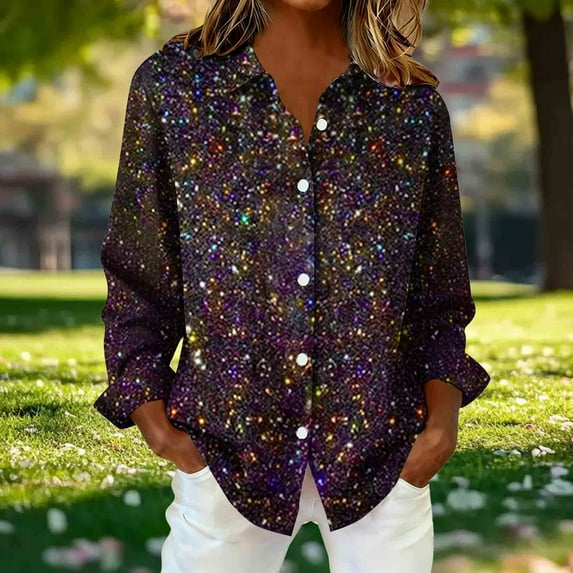 ClodeEU Women' s Long Sleeve Shimmer Daily Print Button Down Shirt ...