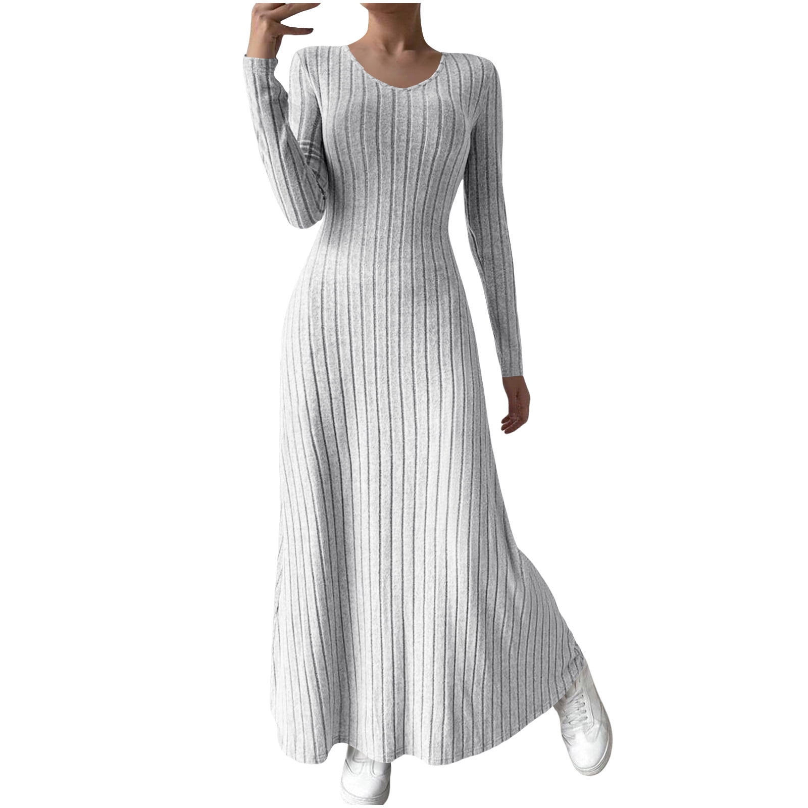 ClodeEU Women's Long Sleeve V Neck Maxi Dress, Elegant Ribbed Knit A ...