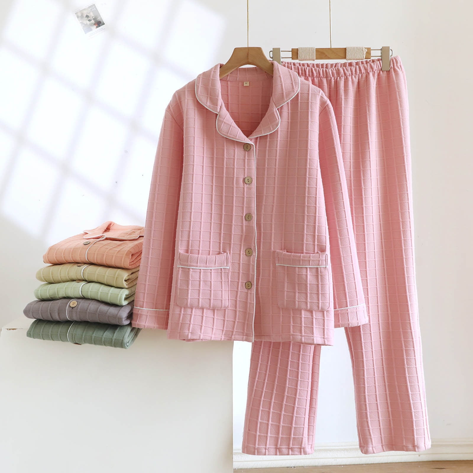ClodeEU Women's Long Sleeves Pajamas Set ,Fall Winter Solid Collared ...