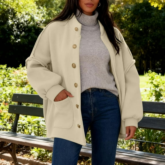 ClodeEU Women's Oversized Button Down Lantern Sleeve Coat ,Stand Collar ...