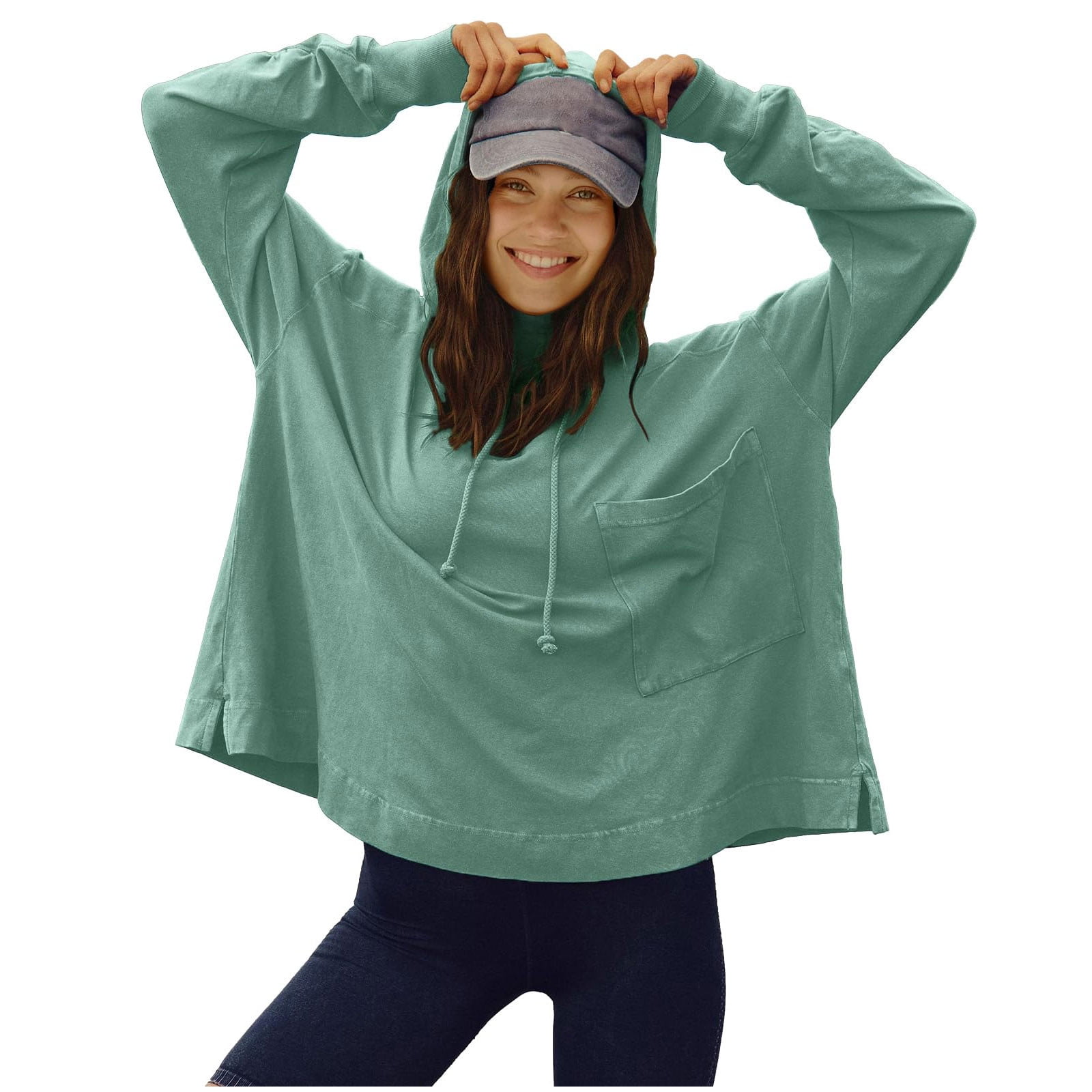 ClodeEU Women's Oversized Solid Color Hooded Pullover ,Long Sleeve ...