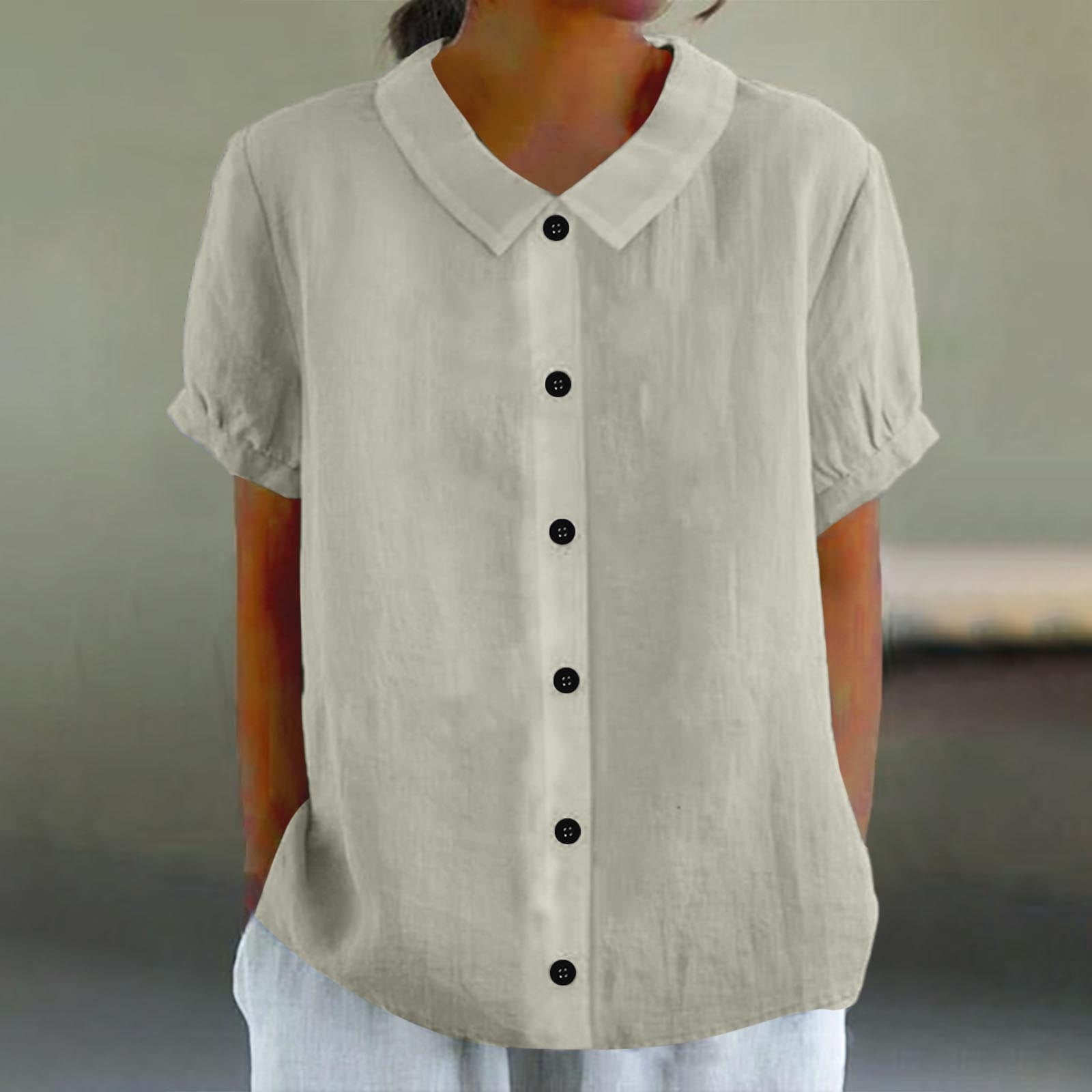 ClodeEU Women's Peter Pan Collar Short Sleeve Button Down Blouse,Casual ...