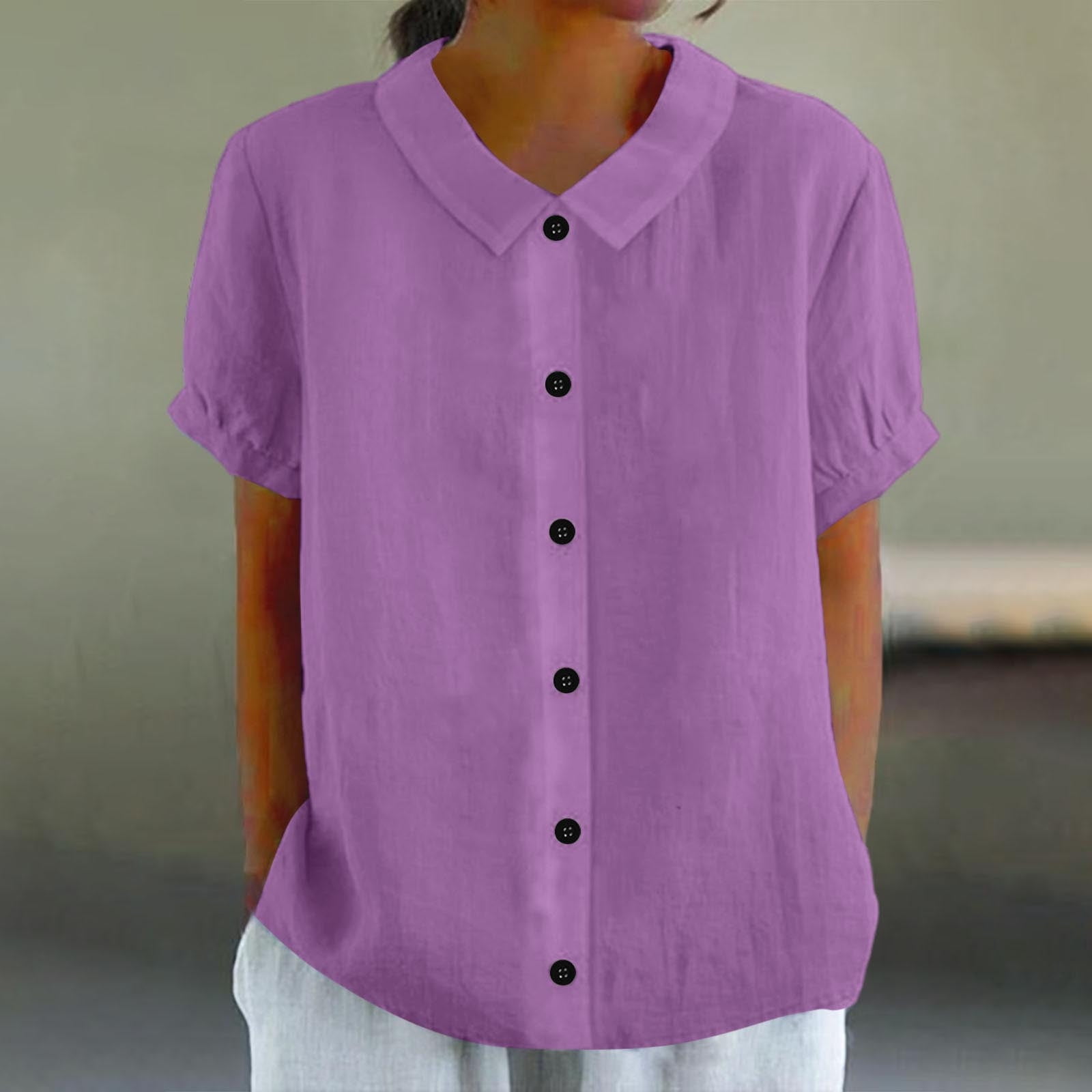 ClodeEU Women's Peter Pan Collar Short Sleeve Button Down Blouse,Casual ...