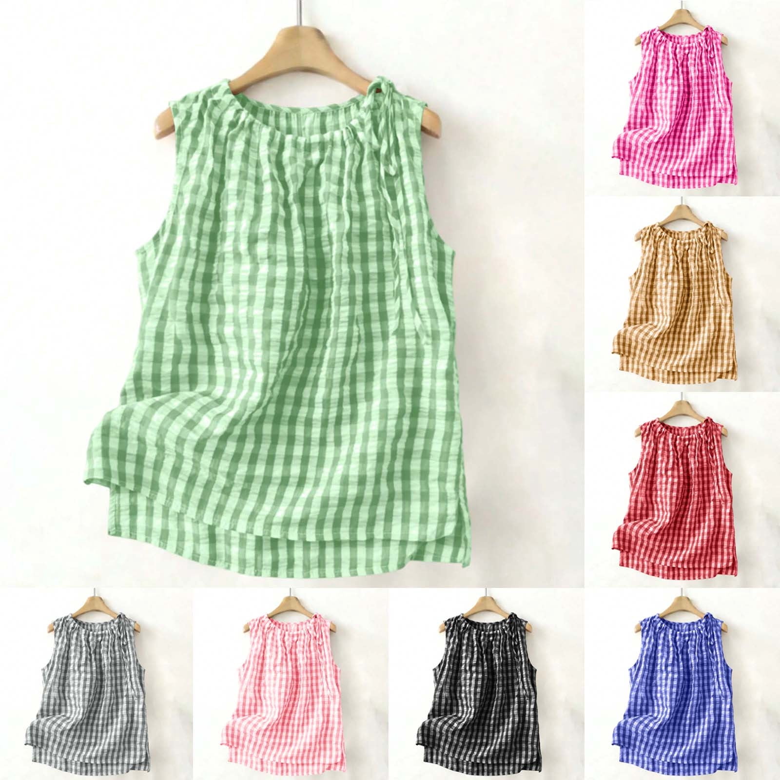 ClodeEU Women's Plaid Crewneck Sleeveless Tank Top with Drawstring ...